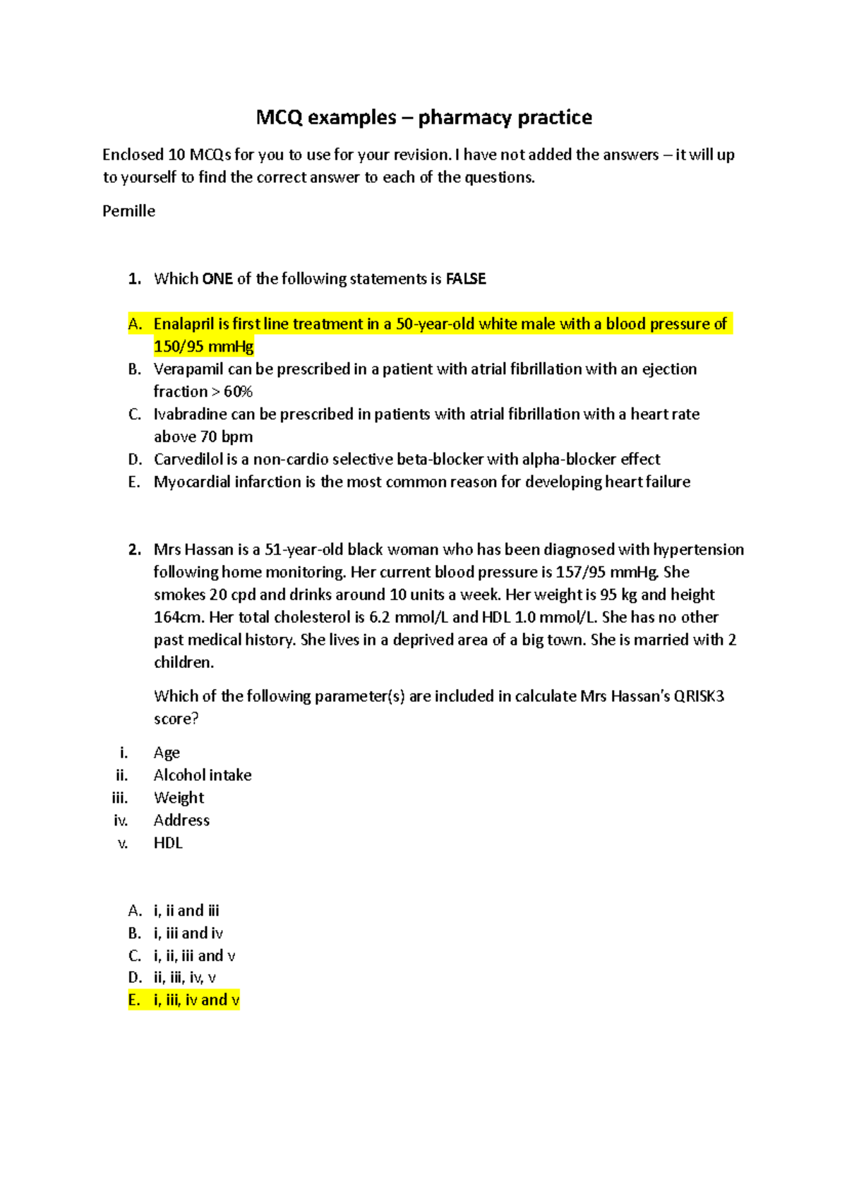MCQ examples MP323 answers - MCQ examples – pharmacy practice Enclosed ...
