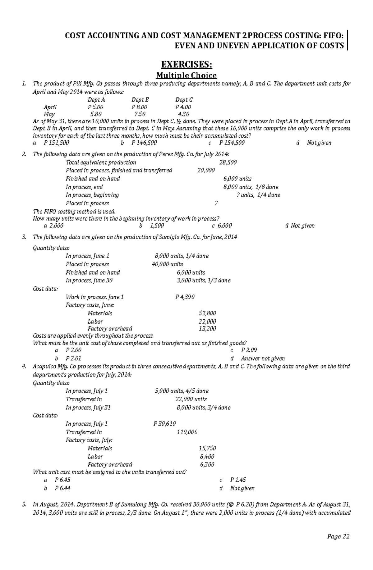 Exercises Fifo Exercises Fifo Cost Accounting And Cost Management