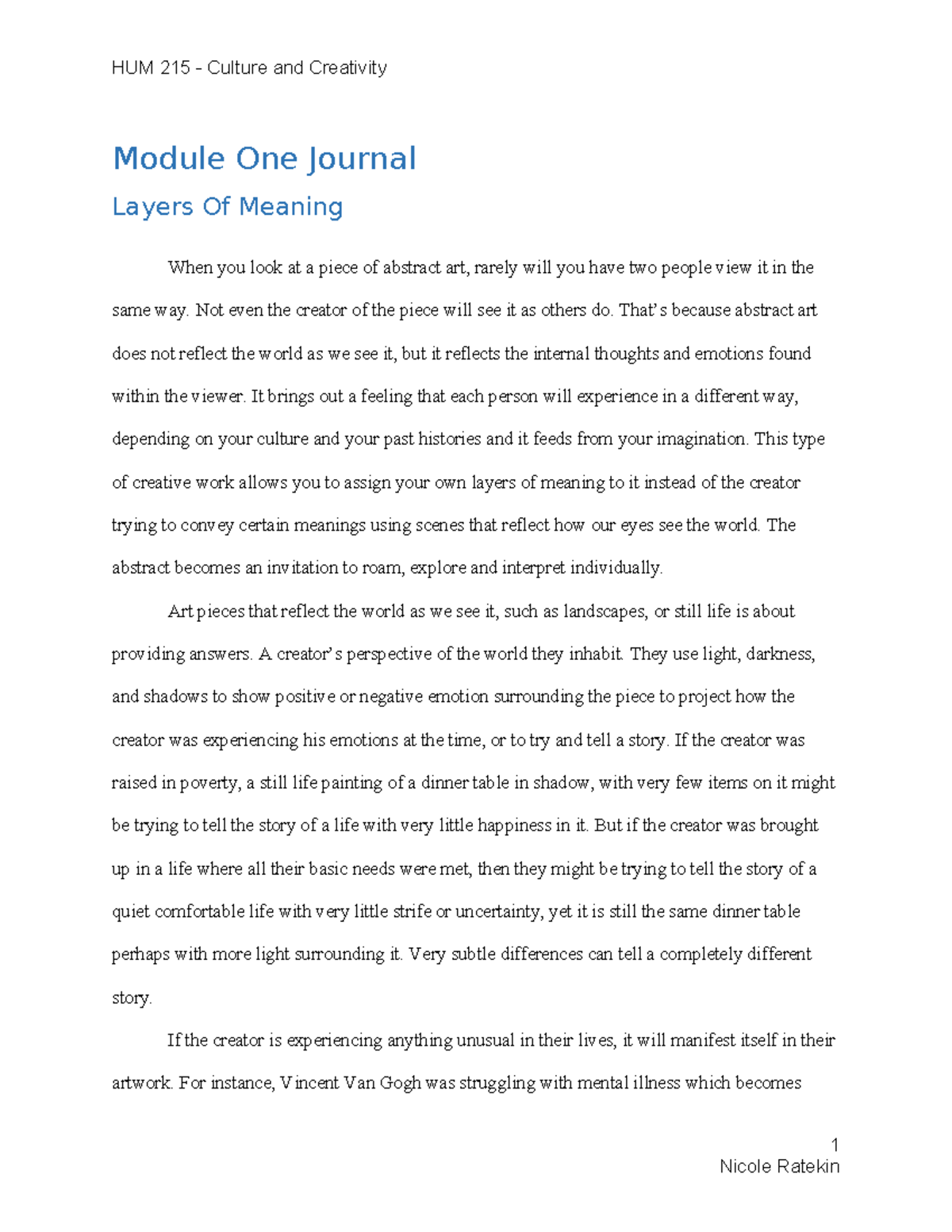 Module One Journal Layers Of Meaning - HUM 215 - Culture and Creativity ...