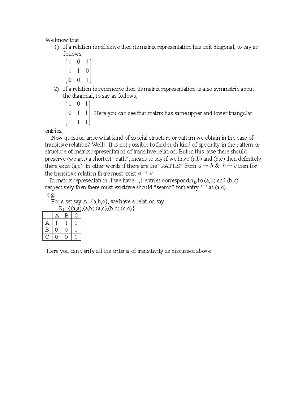 Transistivity in matrix - We know that 1) If a relation is reflexive ...