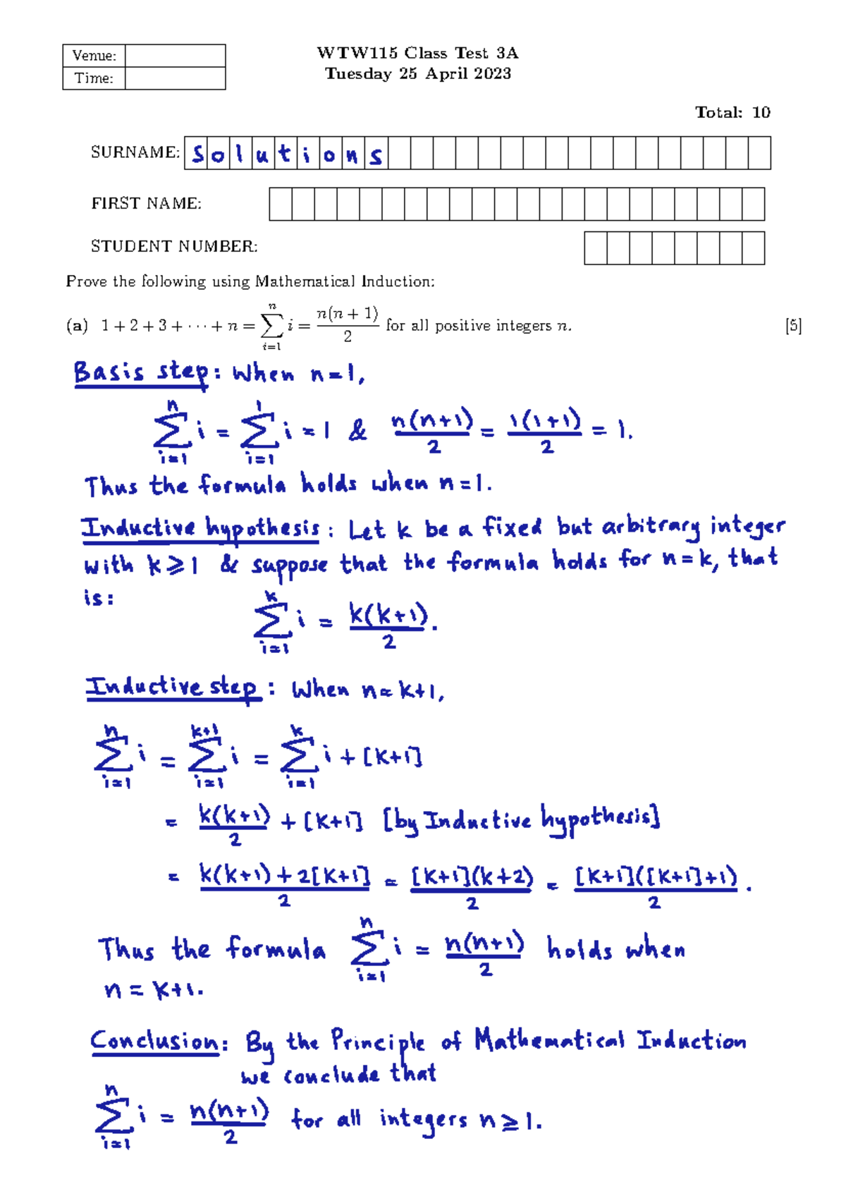 WTW115 Class Test 3 2023 (solutions) - WTW115 Class Test 3A Tuesday 25 ...