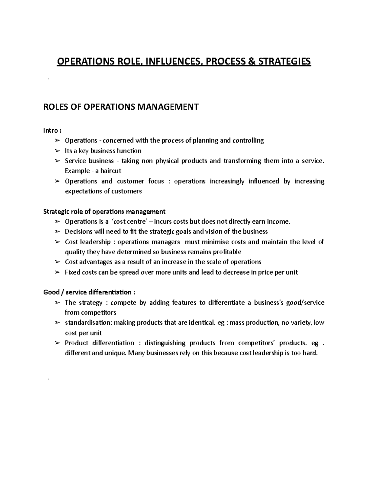 Operations Notes - OPERATIONS ROLE, INFLUENCES, PROCESS & STRATEGIES ...
