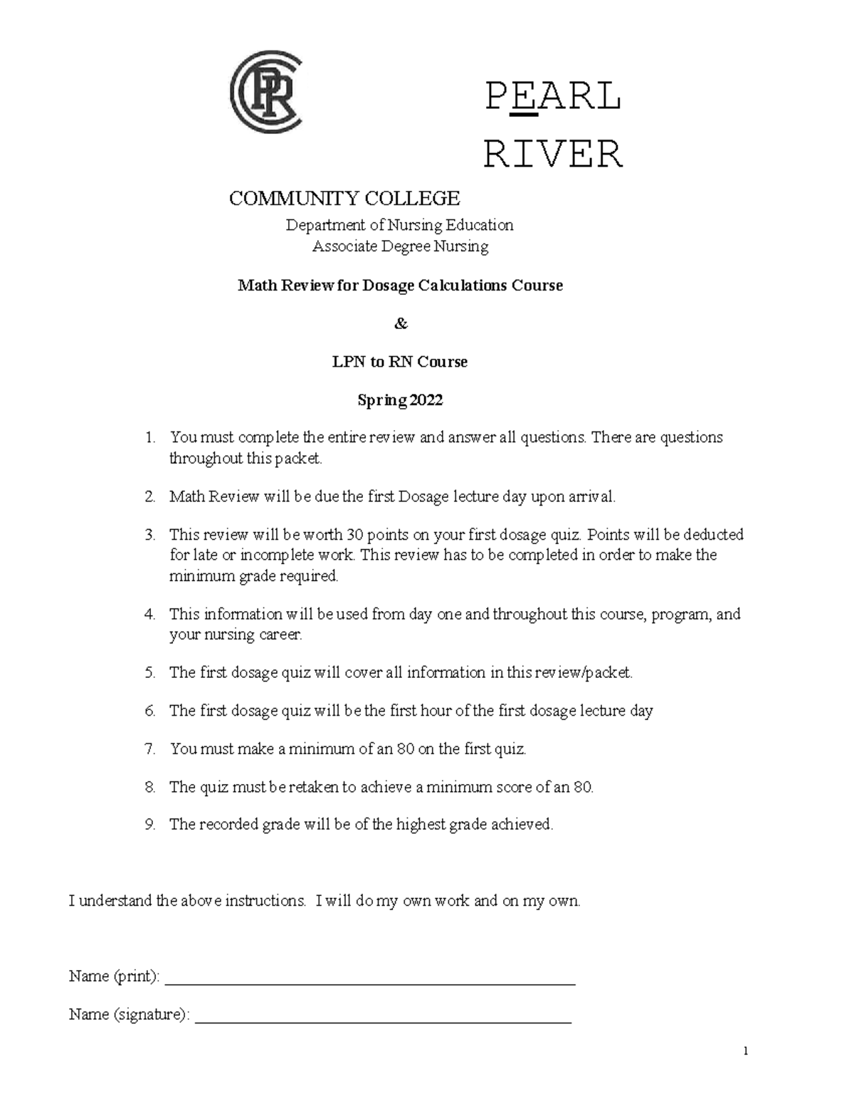 Math Review for Dosage Calculations Course - PEARL RIVER COMMUNITY ...