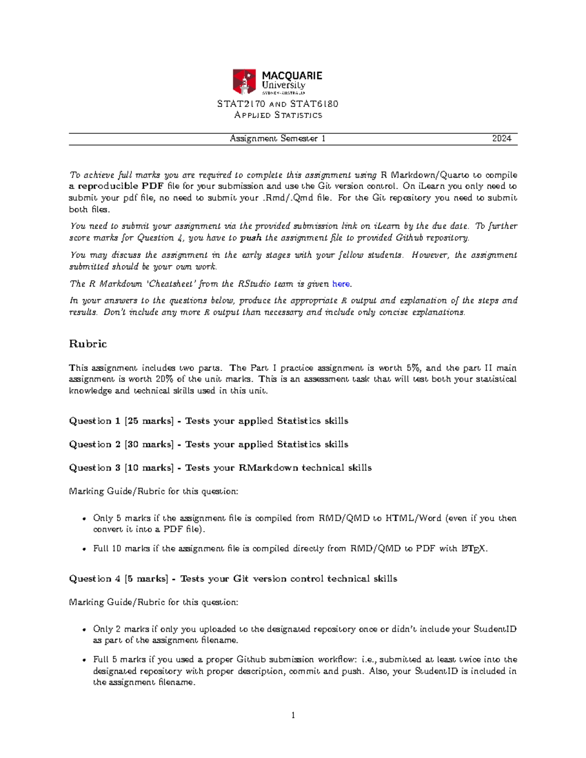 STAT2170 6180 2024 S1 Assignment - STAT2170 and STAT Applied Statistics Assignment Semester 1 ...