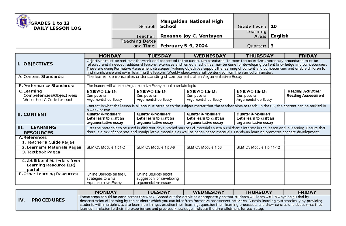 DLL Q3 M1 Rox - GRADES 1 to 12 DAILY LESSON LOG School: Mangaldan ...