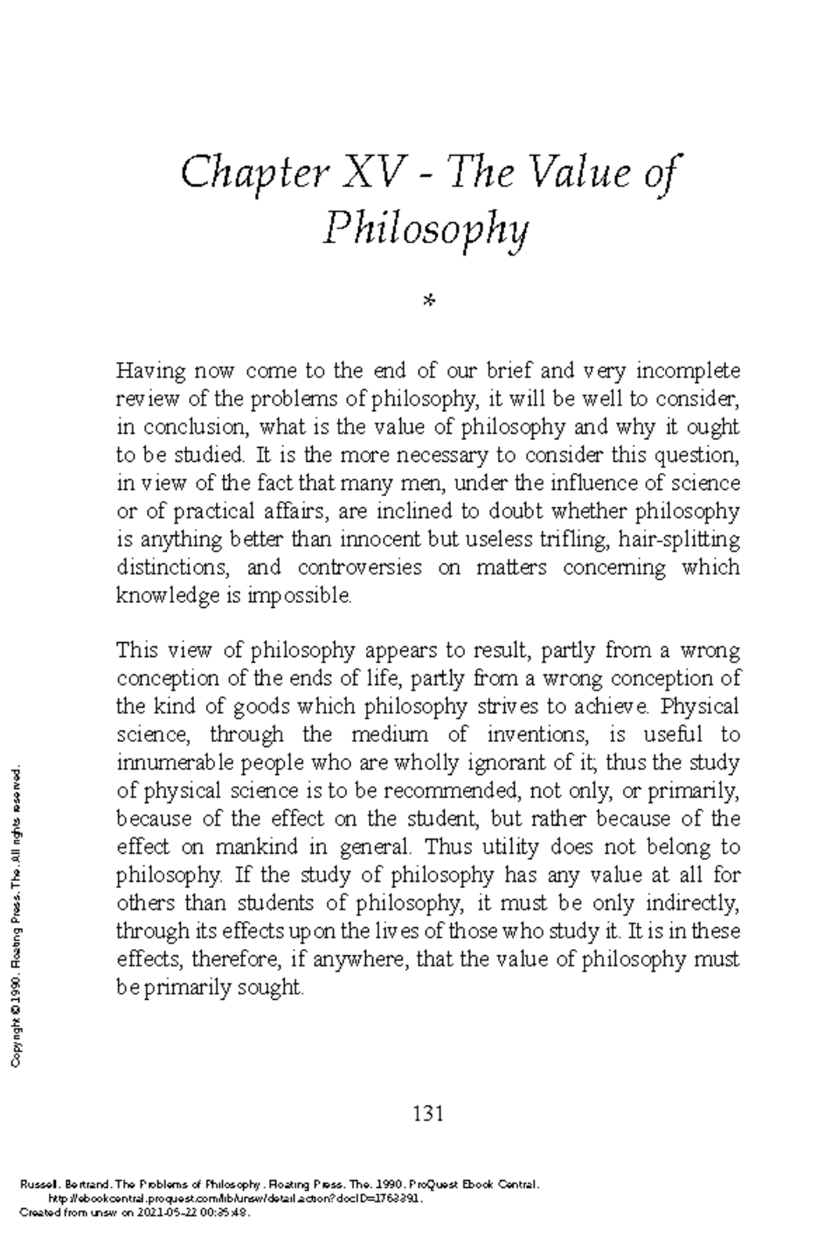B Russell The Problems of Philosophy (Ch XV Value of Philosophy ...