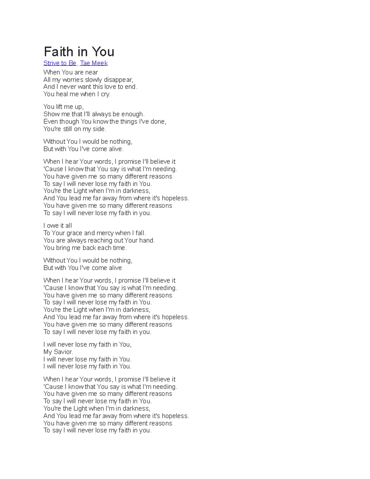 Faith in You lyrics - COURSE MATERIAL - Faith in You Strive to Be, Tae ...