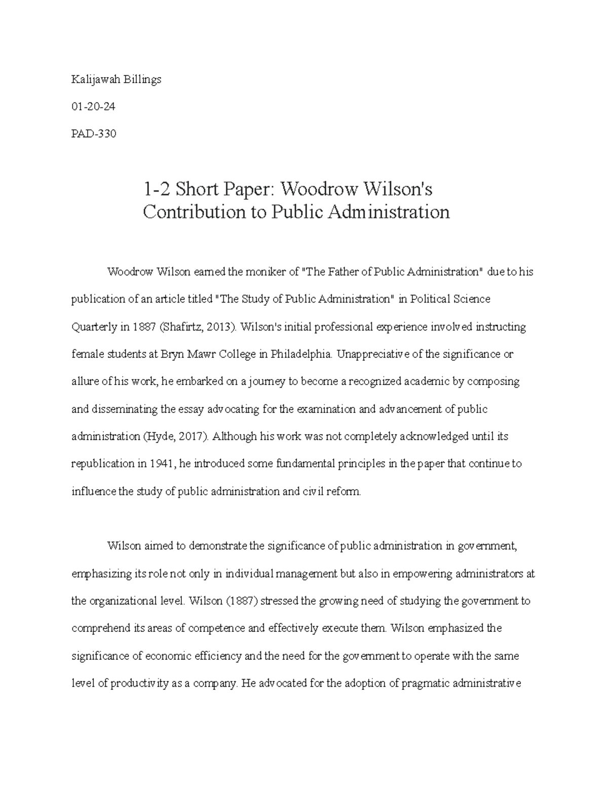 1-2 short paper - Kalijawah Billings 01-20- PAD- 1-2 Short Paper ...