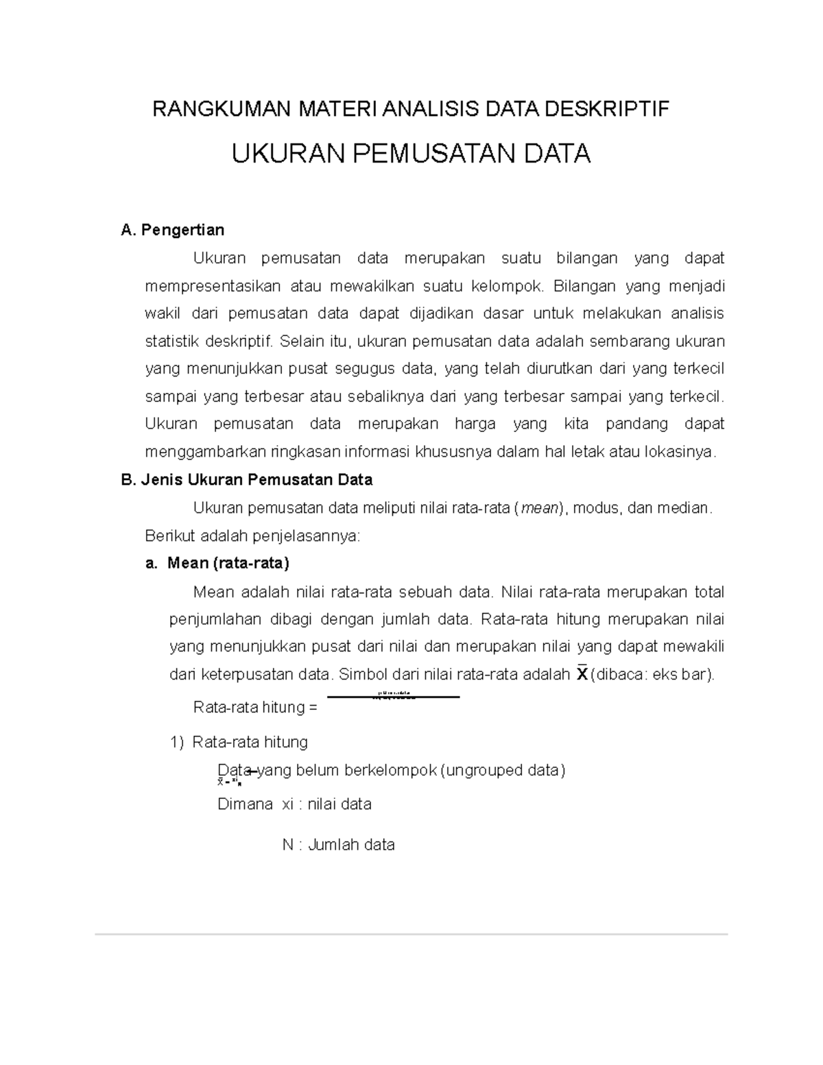 Rangkuman Materi Analisis DATA Deskriptif Ukuran Pemusatan DATA - RANGKUMAN MATERI ANALISIS DATA ...