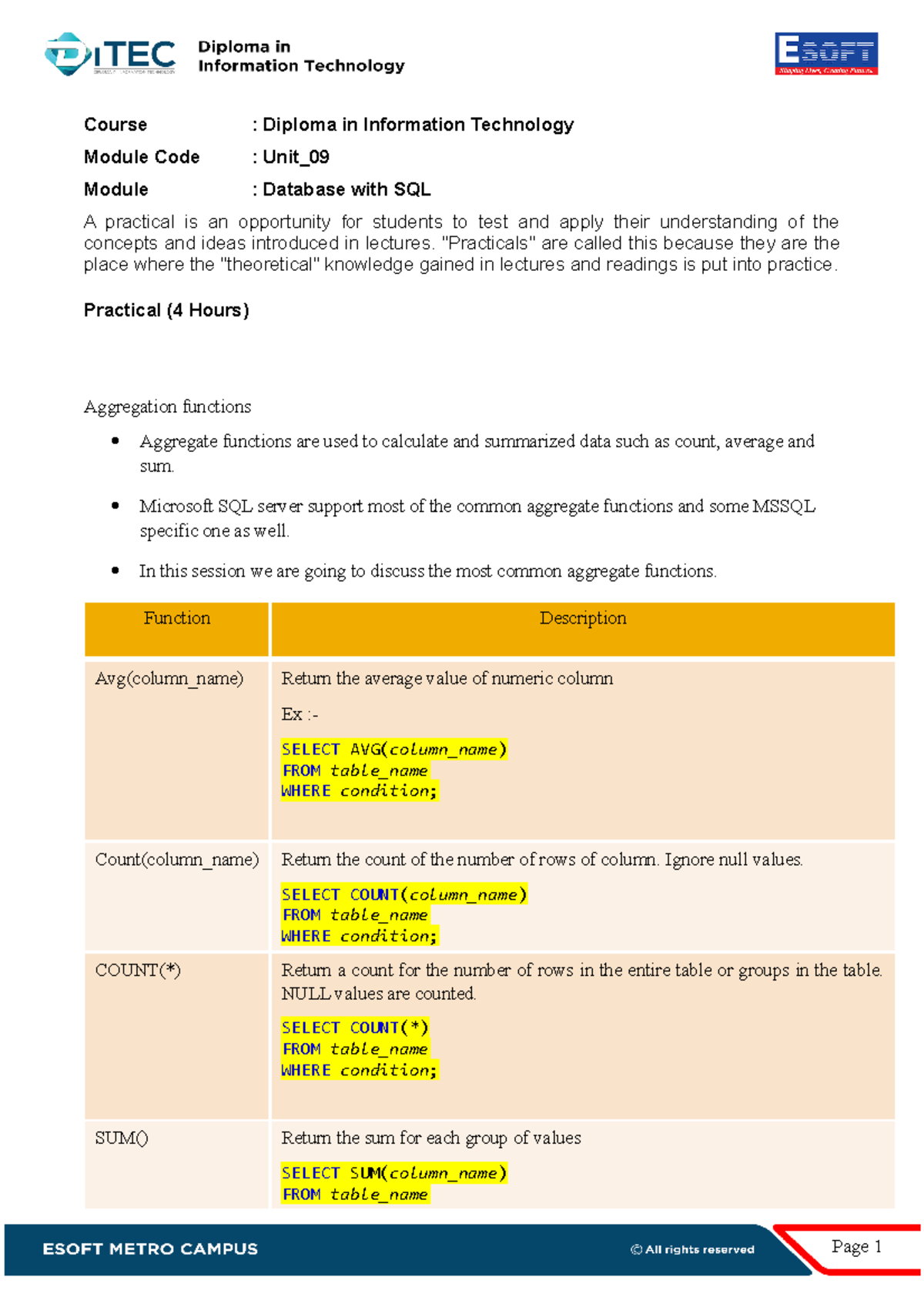 Practical 9 - Structured Quary language - Diploma in Information Technology - Studocu