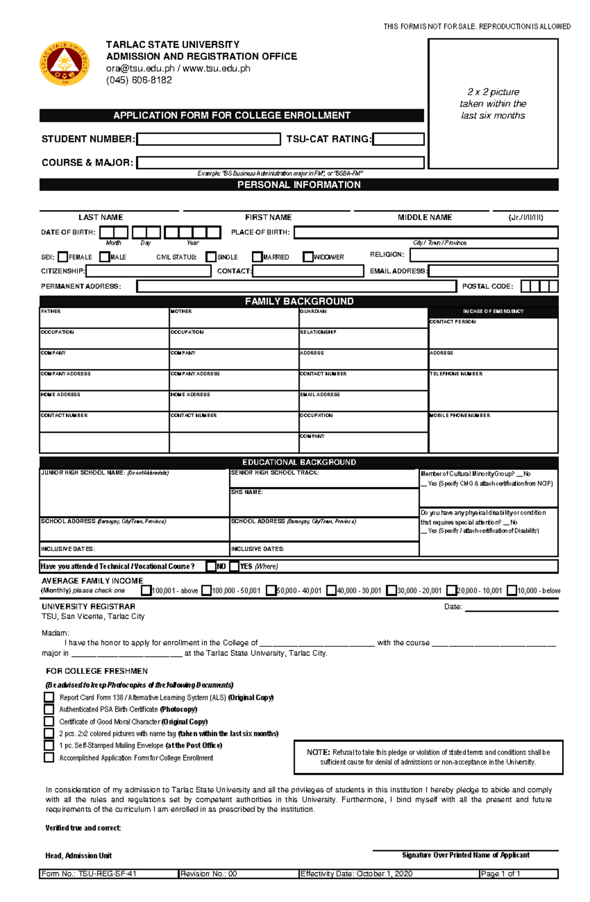 Application Form for College Enrollment TSU REG SF 41 - THIS FORM IS ...