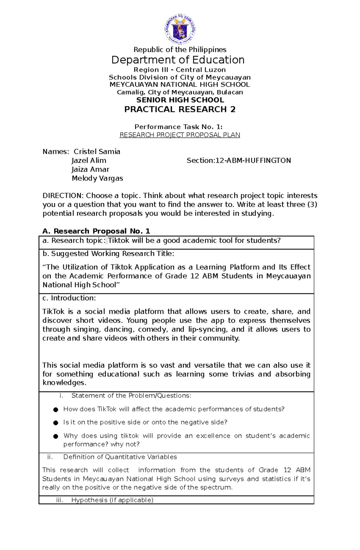 Perf Task 1 Research Proposal Group 8 - Republic of the Philippines ...