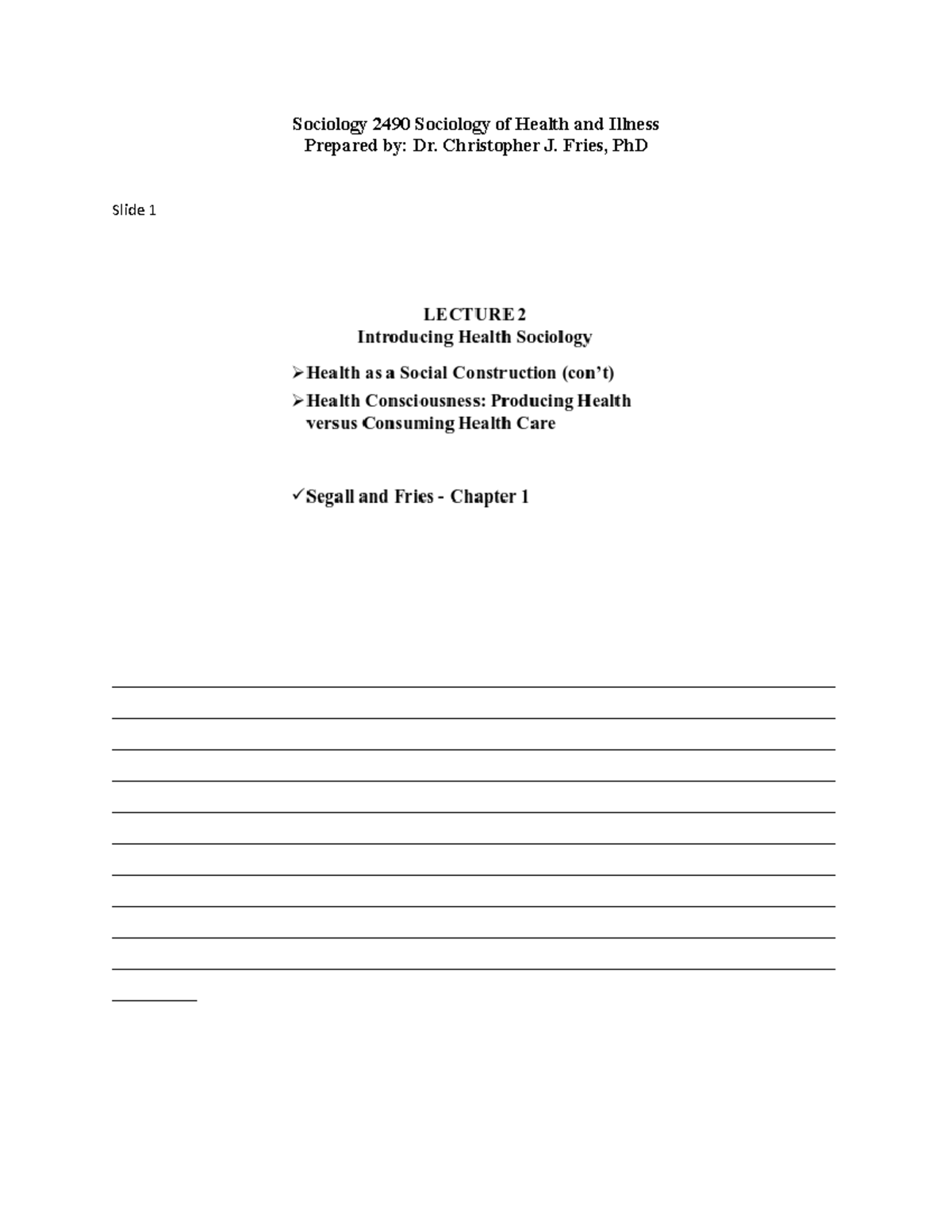 Lecture 2 Notes - Sociology 2490 Sociology of Health and Illness ...