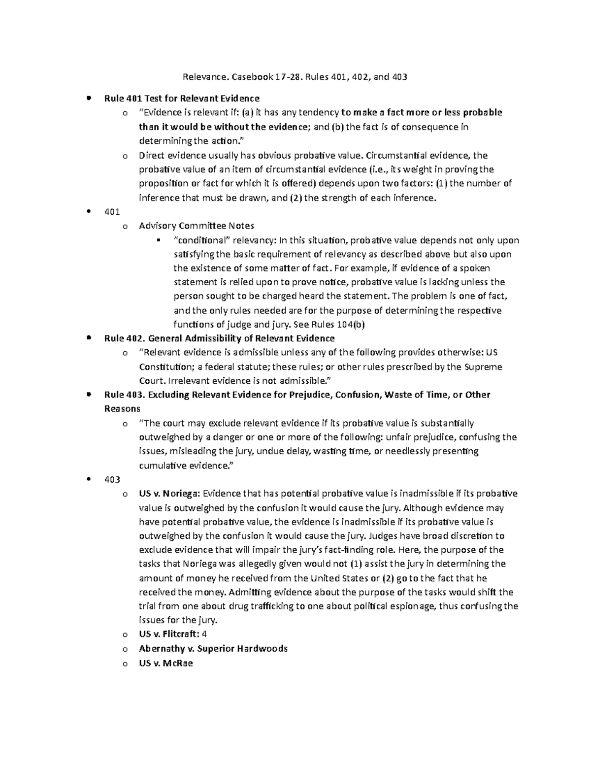 Evidence Outline - Relevance. Casebook 17-28. Rules 401, 402, and 403 ...