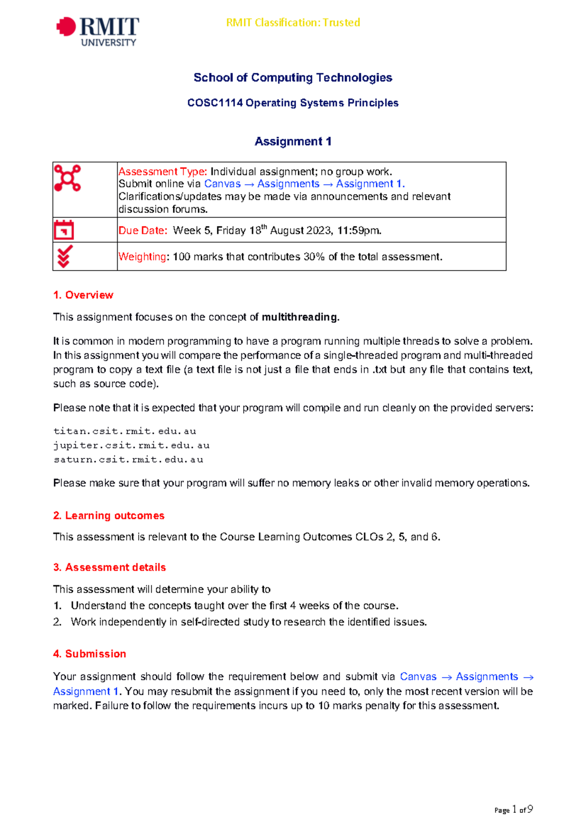 COSC1114 2023S2 A1 - School of Computing Technologies COSC 1114 Operating Systems Principles ...