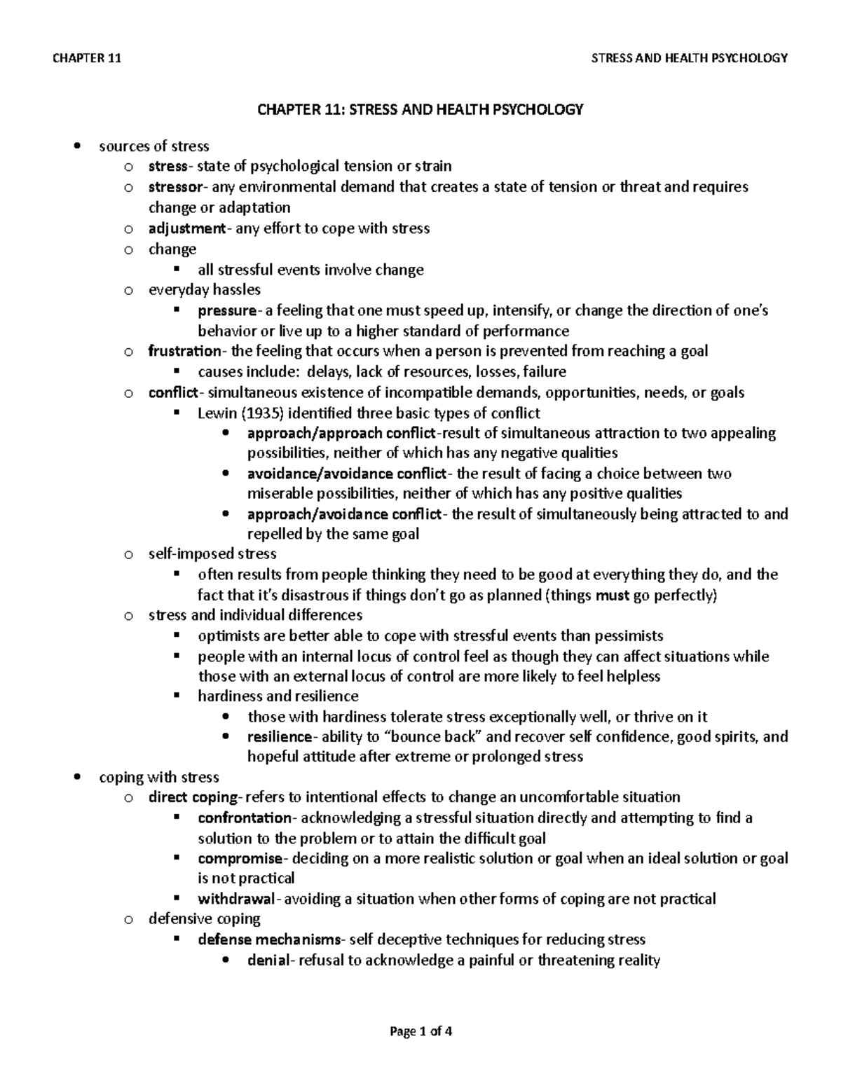 Chapter 11 Notes - CHAPTER 11: STRESS AND HEALTH PSYCHOLOGY sources of ...