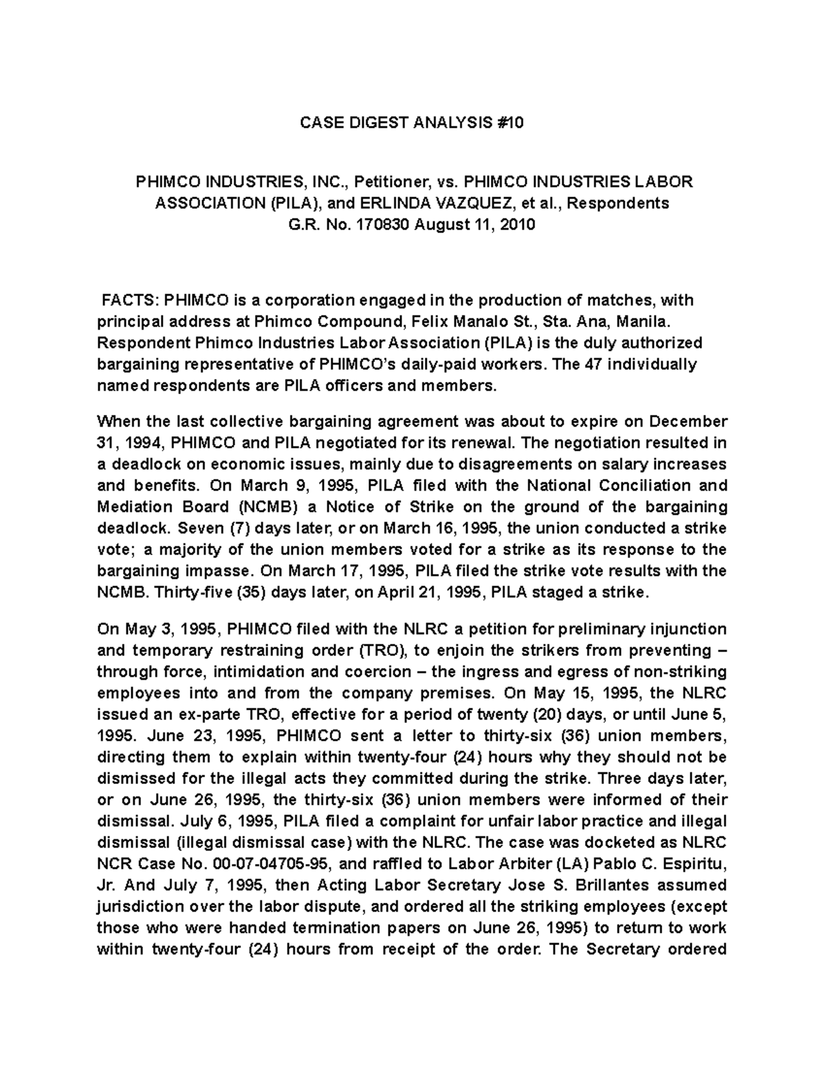 CASE Digest Analysis #10 - CASE DIGEST ANALYSIS PHIMCO INDUSTRIES, INC ...