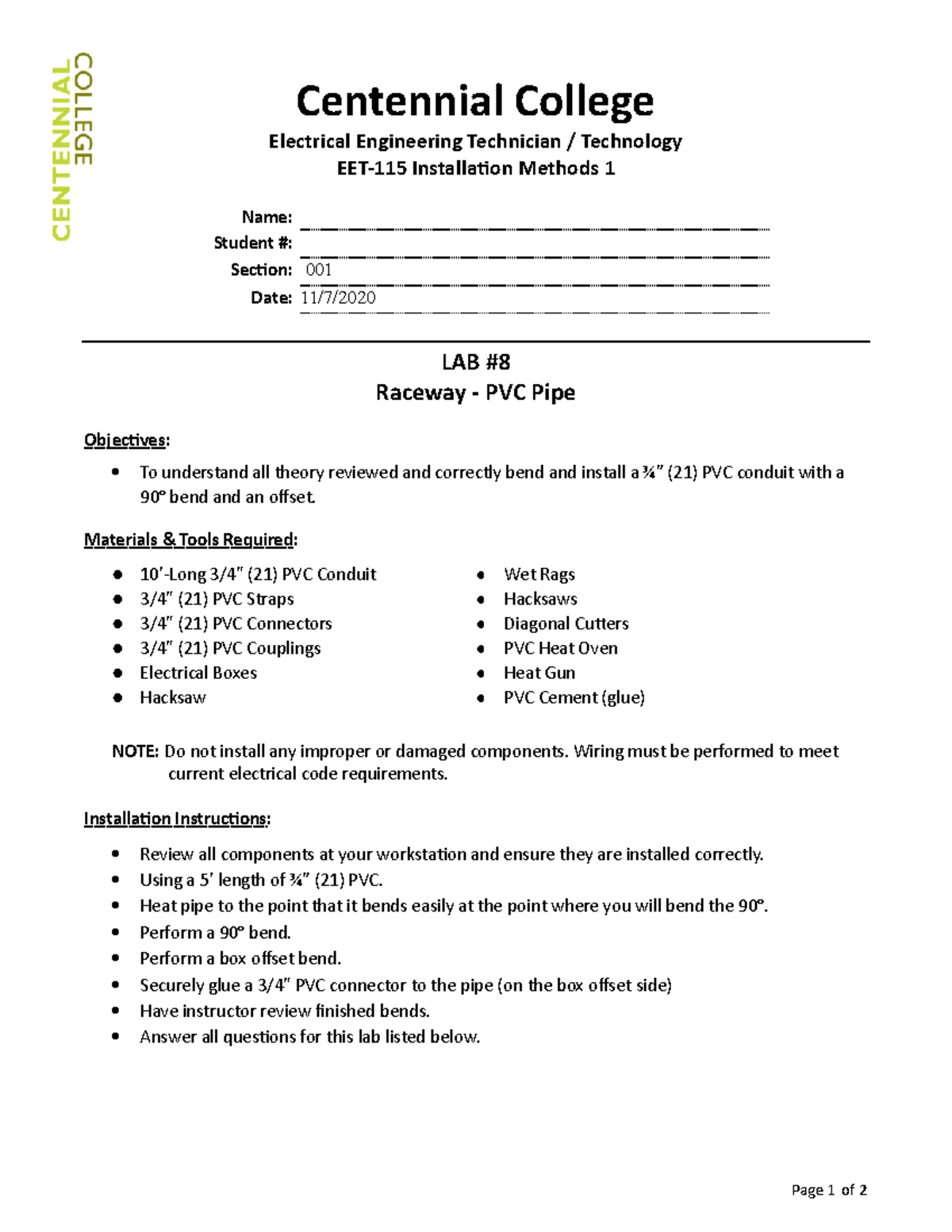 EET-115 Lab 8 - Raceway - PVC Pipe installation and bending methods ...