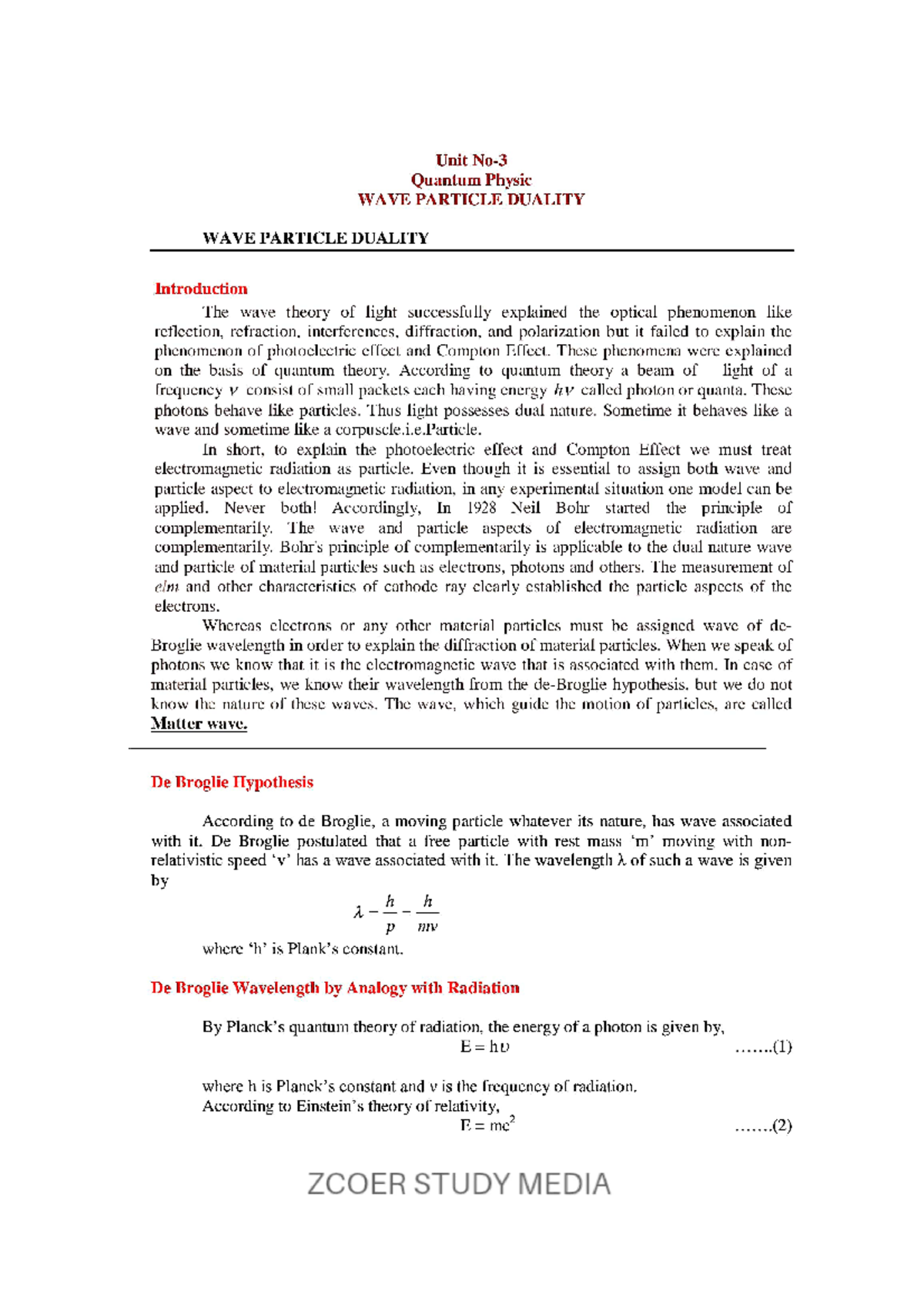 PHY (UNIT-3) (NOTEs) - Introduction WAVE PARTICLE DUALITY WAVE PARTICLE ...