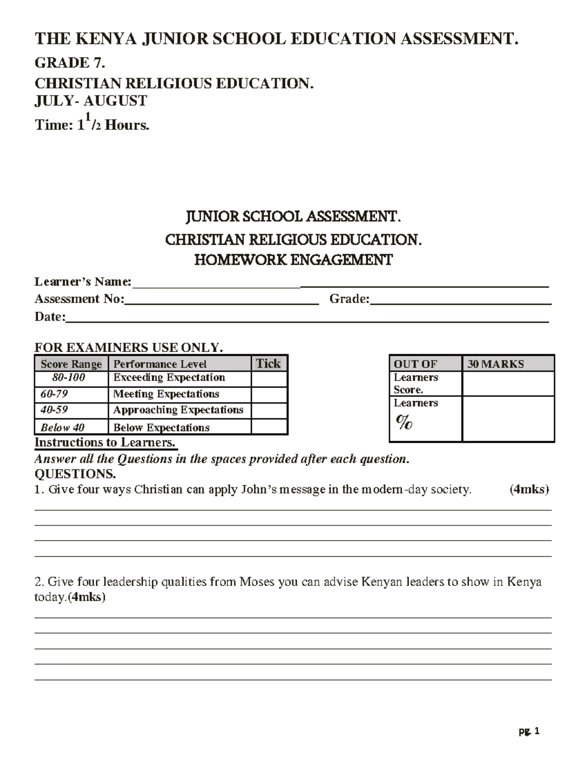 G7 CRE Homework - vjvbh - THE KENYA JUNIOR SCHOOL EDUCATION ASSESSMENT ...