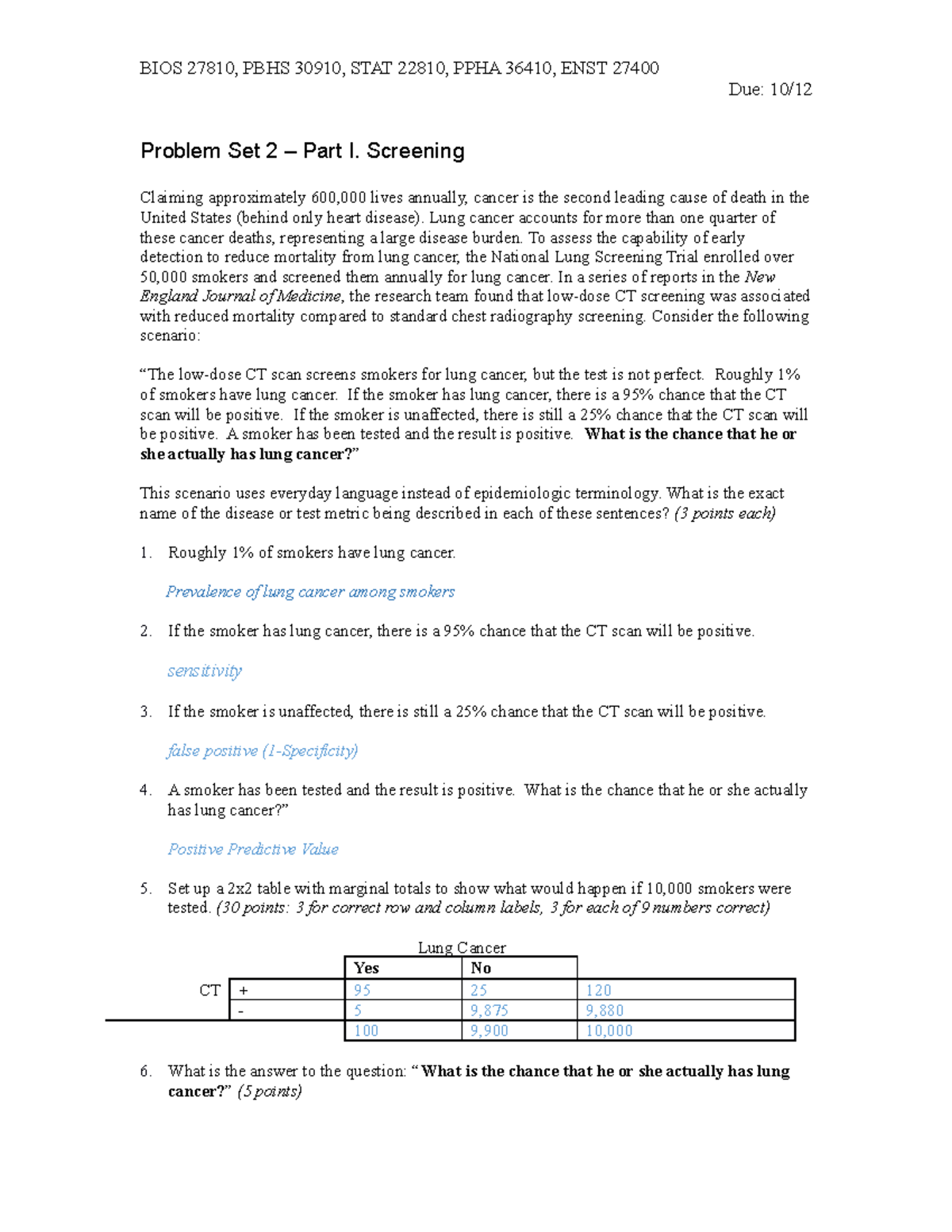 Final Pset 2 completed - Due: 10/ Problem Set 2 – Part I. Screening ...