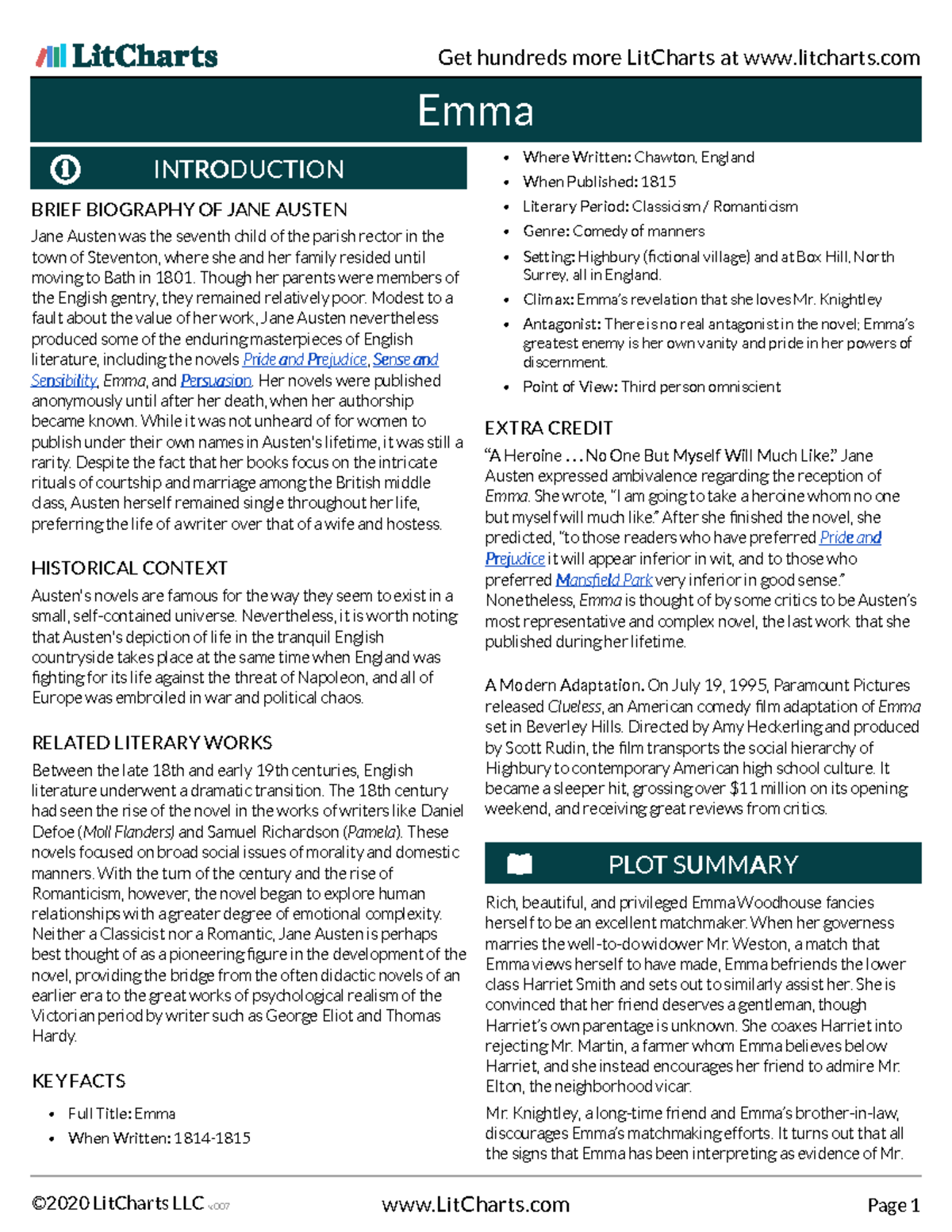 Emma-Lit Chart - Emma BRIEF BIOGRAPHY OF JANE AUSTEN Jane Austen was ...