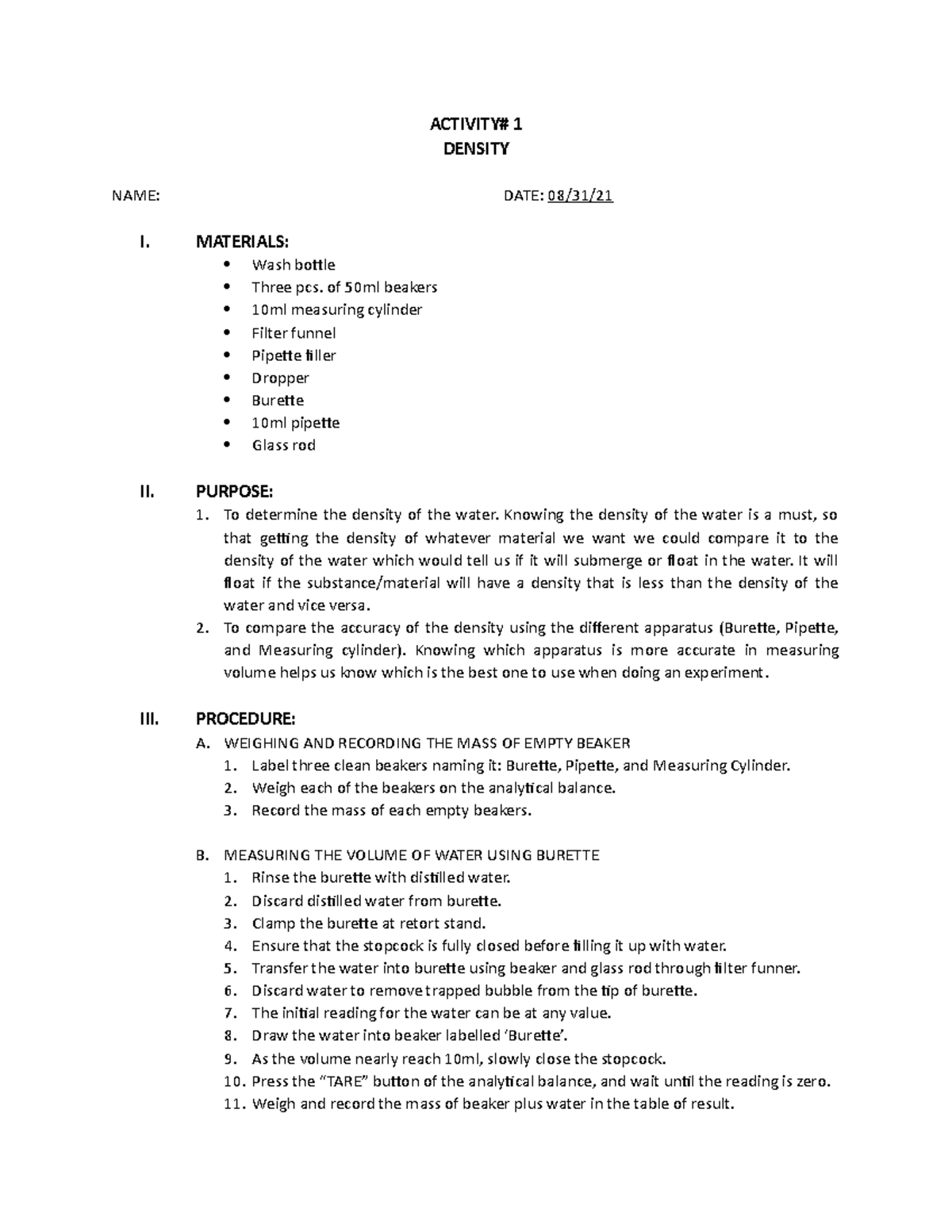 Experiment 1 - CHEMISTRY LAB - ACTIVITY# 1 DENSITY NAME: DATE: 08/31/ I ...