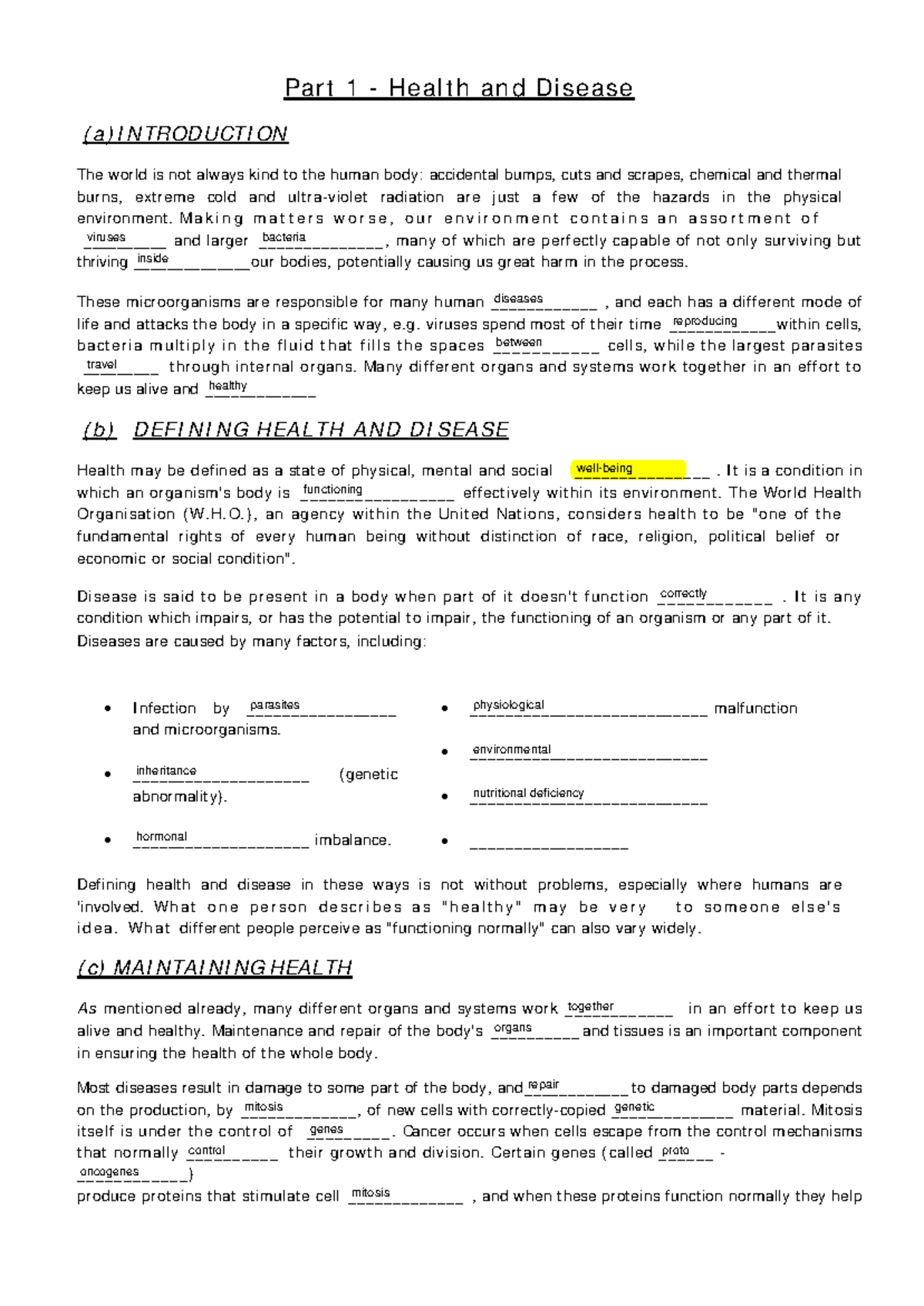 Health and Disease Cloze Passage Answers - Part 1 - Health and Disease ...