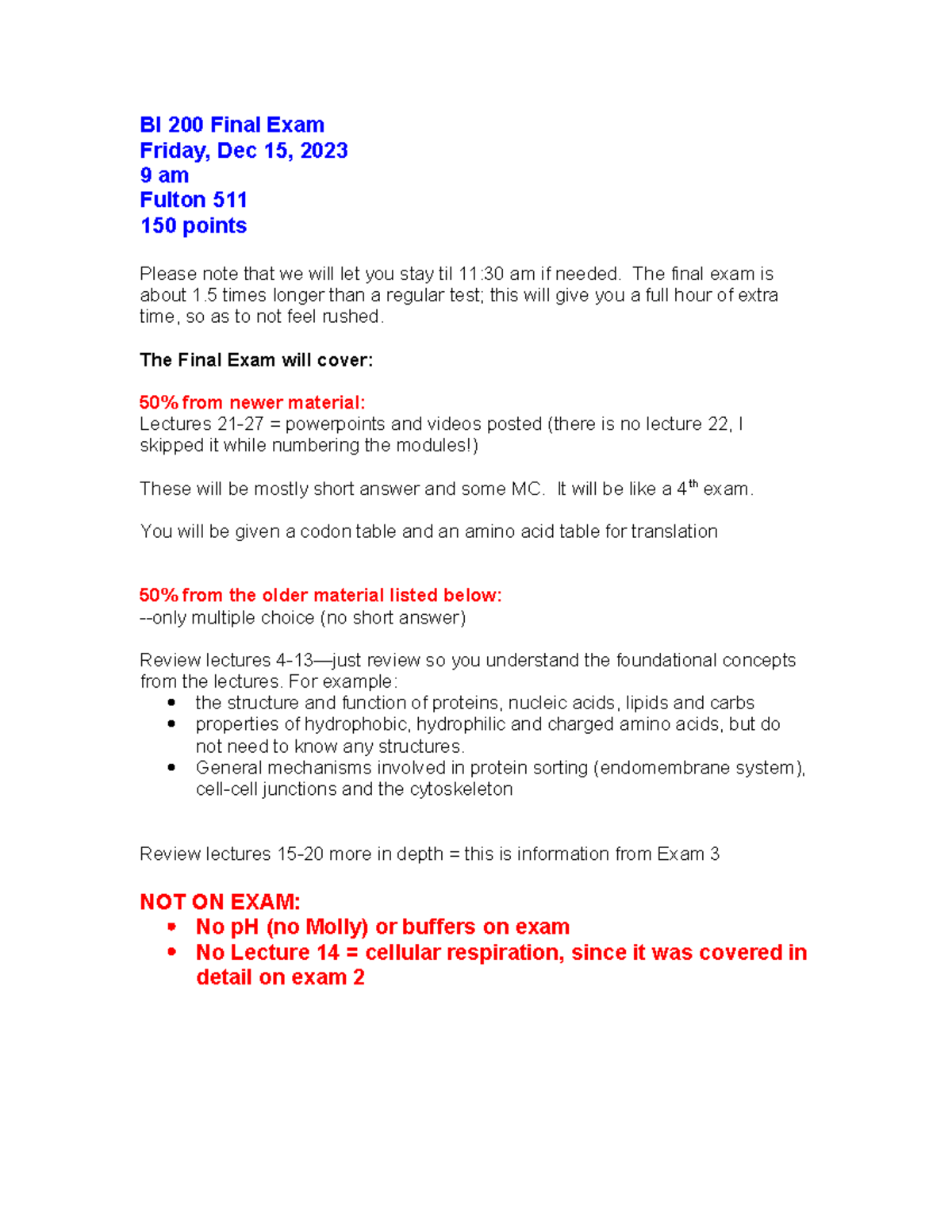 Final EXAM INFO Sheet Fall 2023 - BI 200 Final Exam Friday, Dec 15 ...