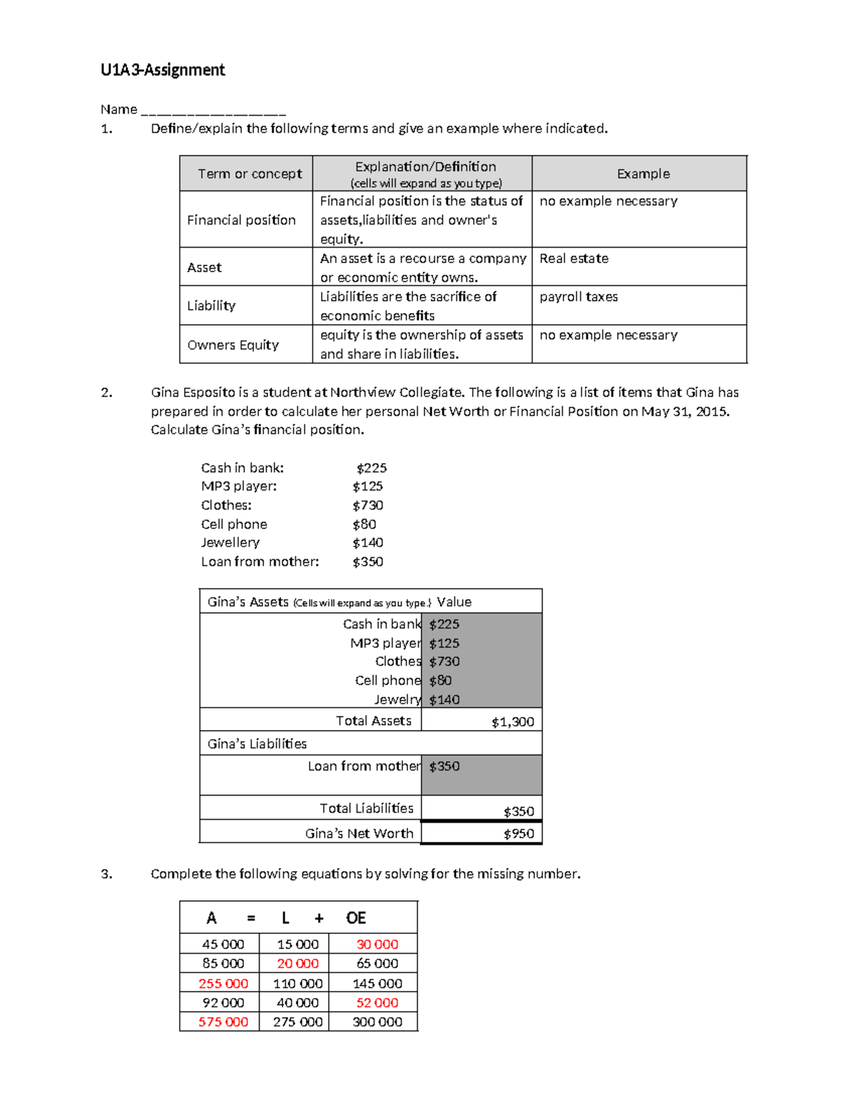 Financial positions and terms practice - U1A3-Assignment Name ___________________ 1. Define ...