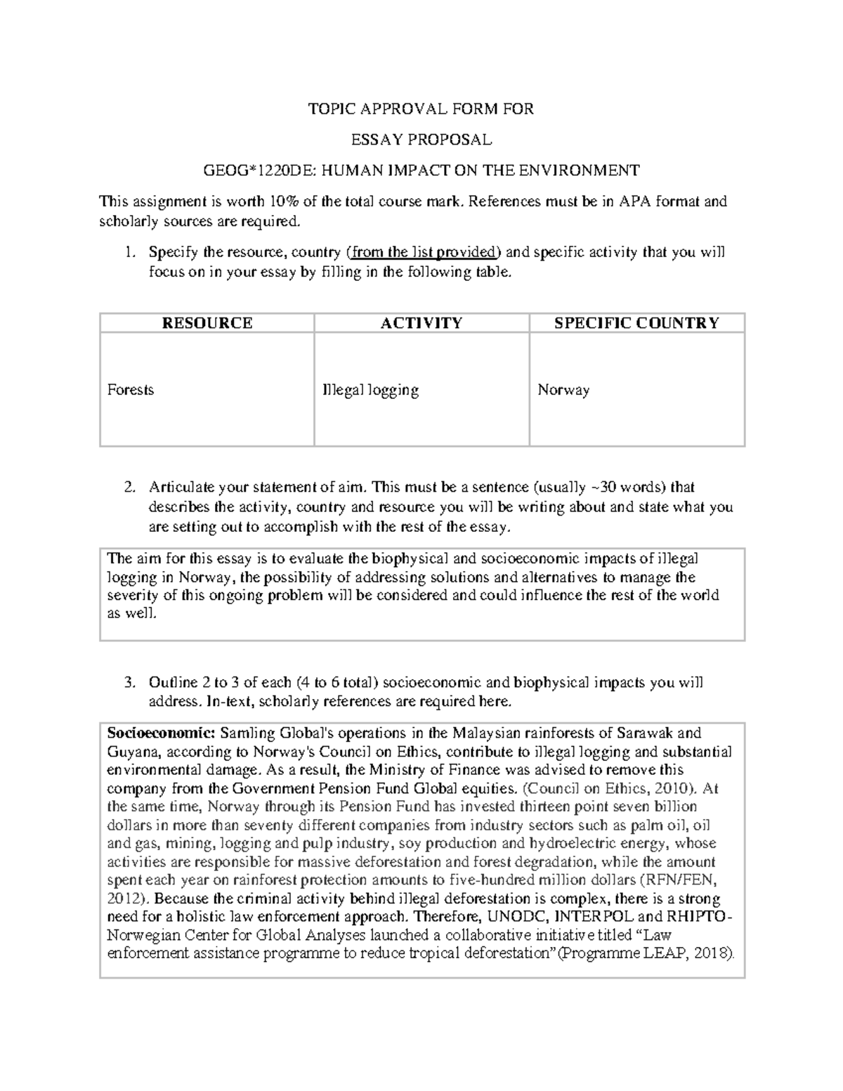 Geography essay proposal - TOPIC APPROVAL FORM FOR ESSAY PROPOSAL GEOG ...