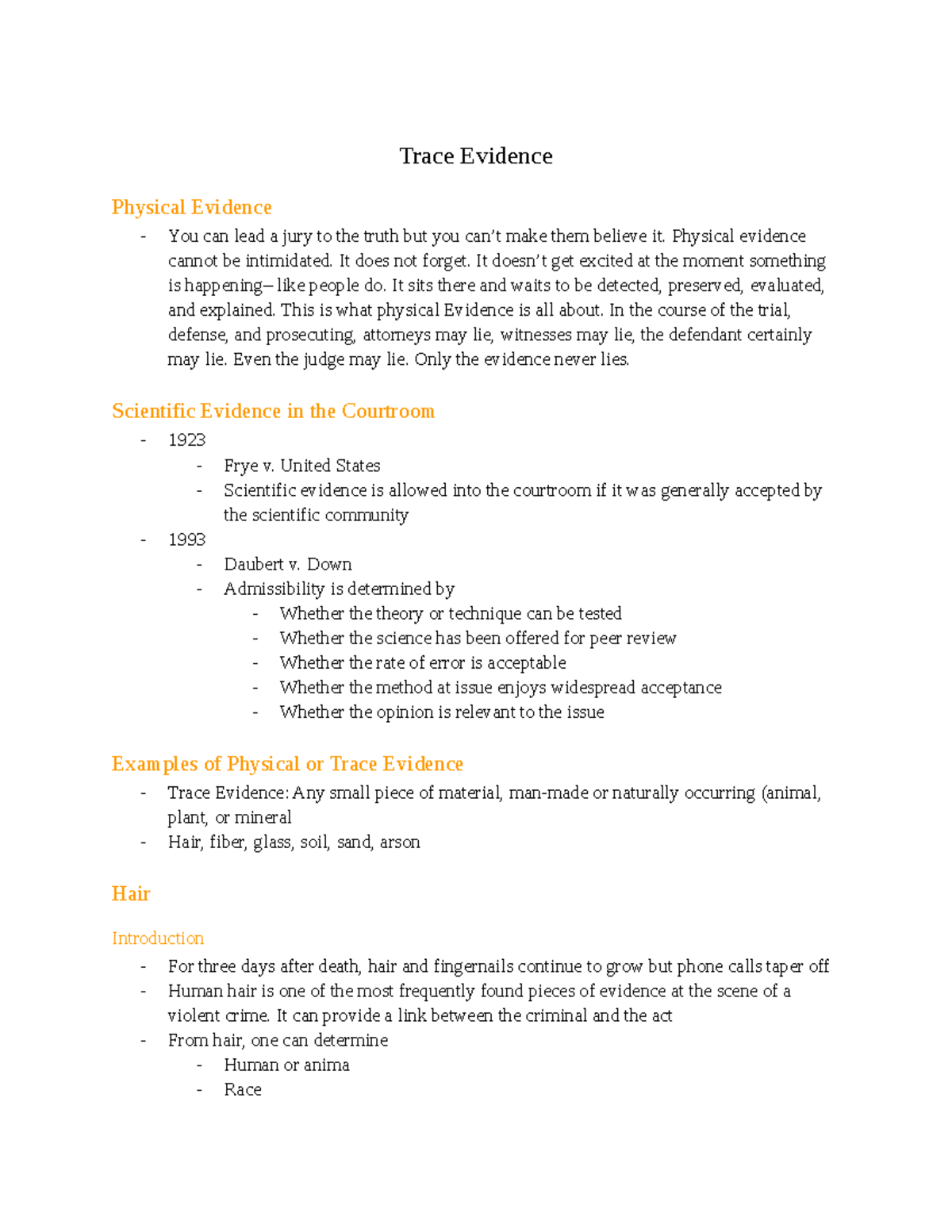 Unit 8- Trace Evidence - Spring 2023 Dr. Mpoy - Trace Evidence Physical ...