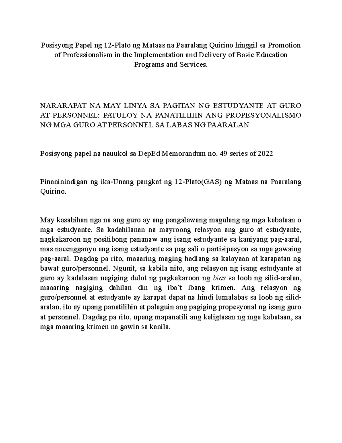 Posisyon paper Filipino - Posisyong Papel ng 12-Plato ng Mataas na ...