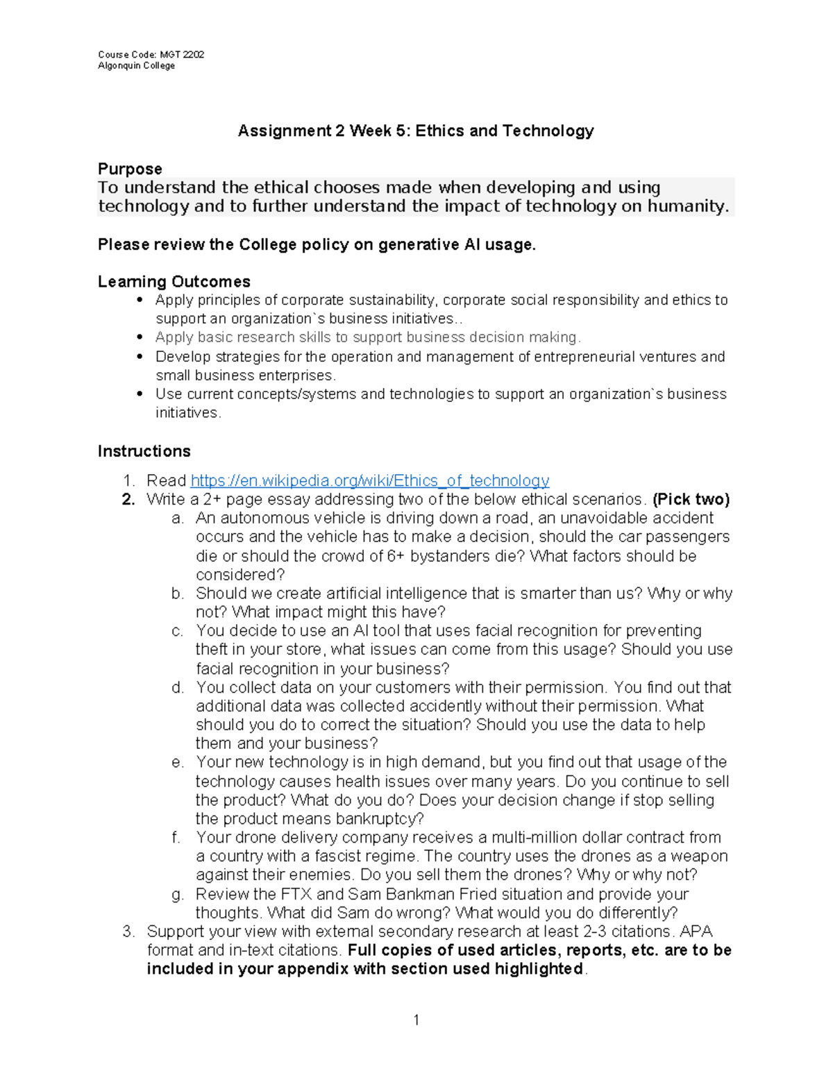 MGT 2202 Assignment 2 W24 - Course Code: MGT 2202 Algonquin College Assignment 2 Week 5: Ethics ...