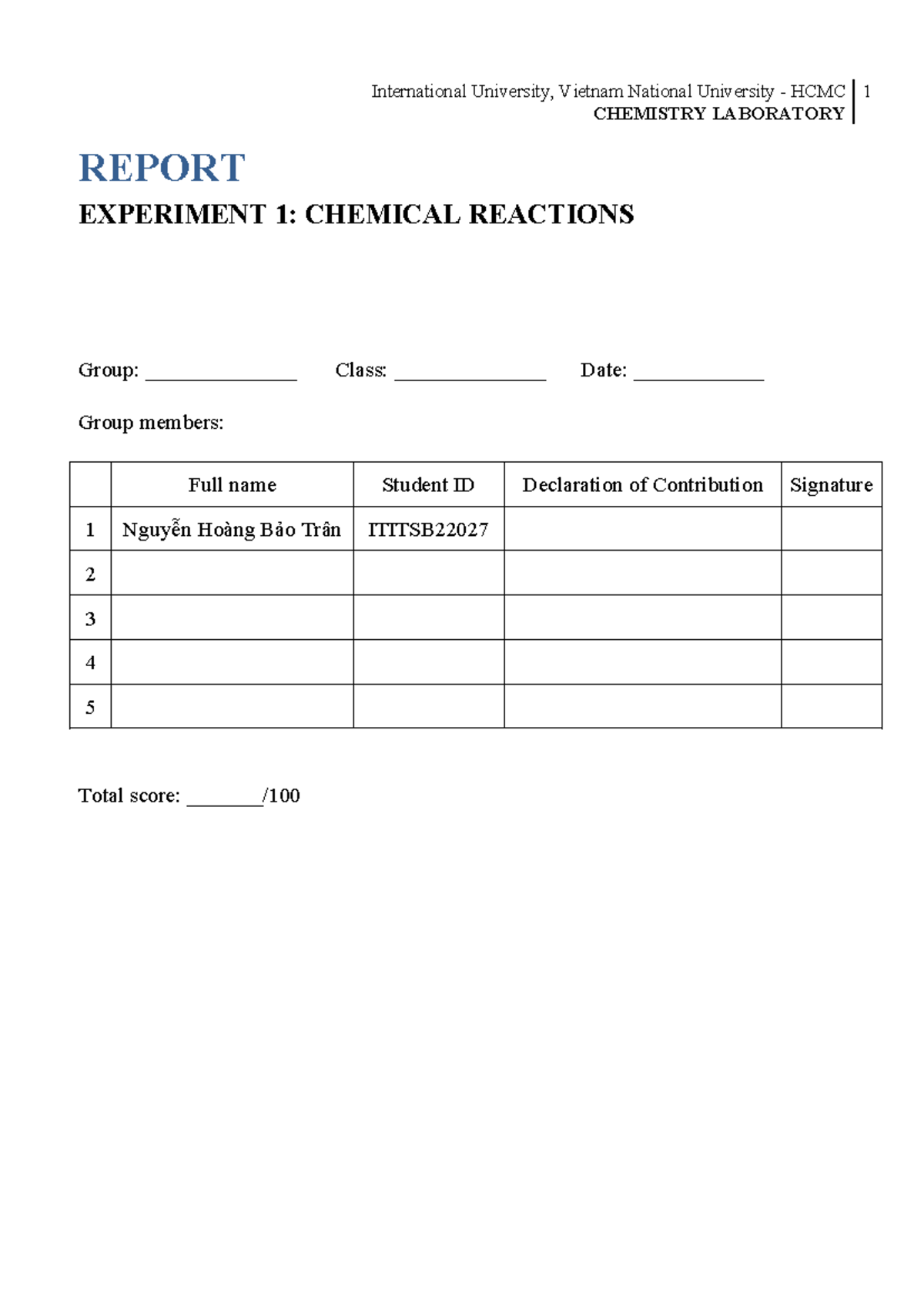 [CHEM LAB] Report Template - CHEMISTRY LABORATORY REPORT EXPERIMENT 1 ...