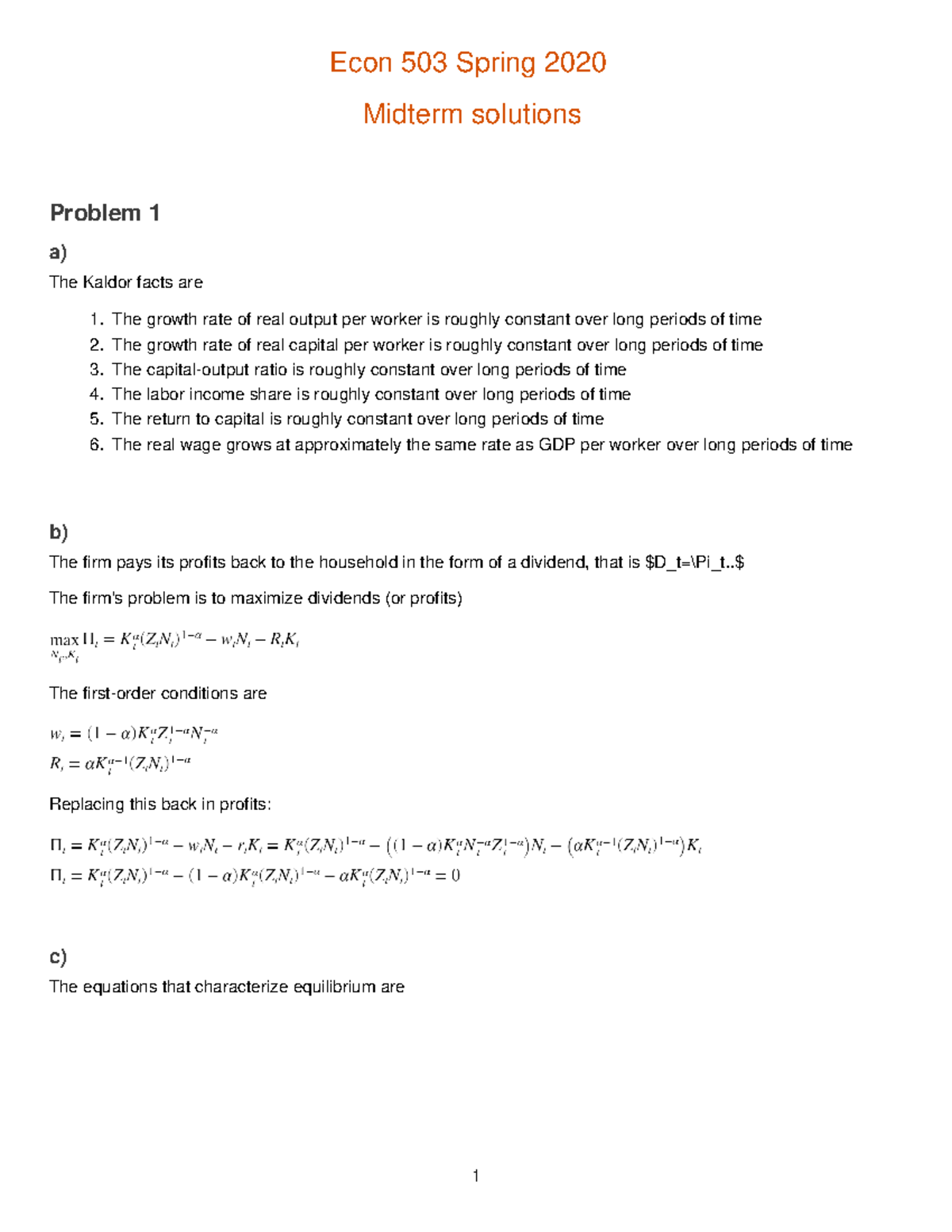 503 Old Midterm solutions - Econ 503 Spring 2020 Midterm solutions ...