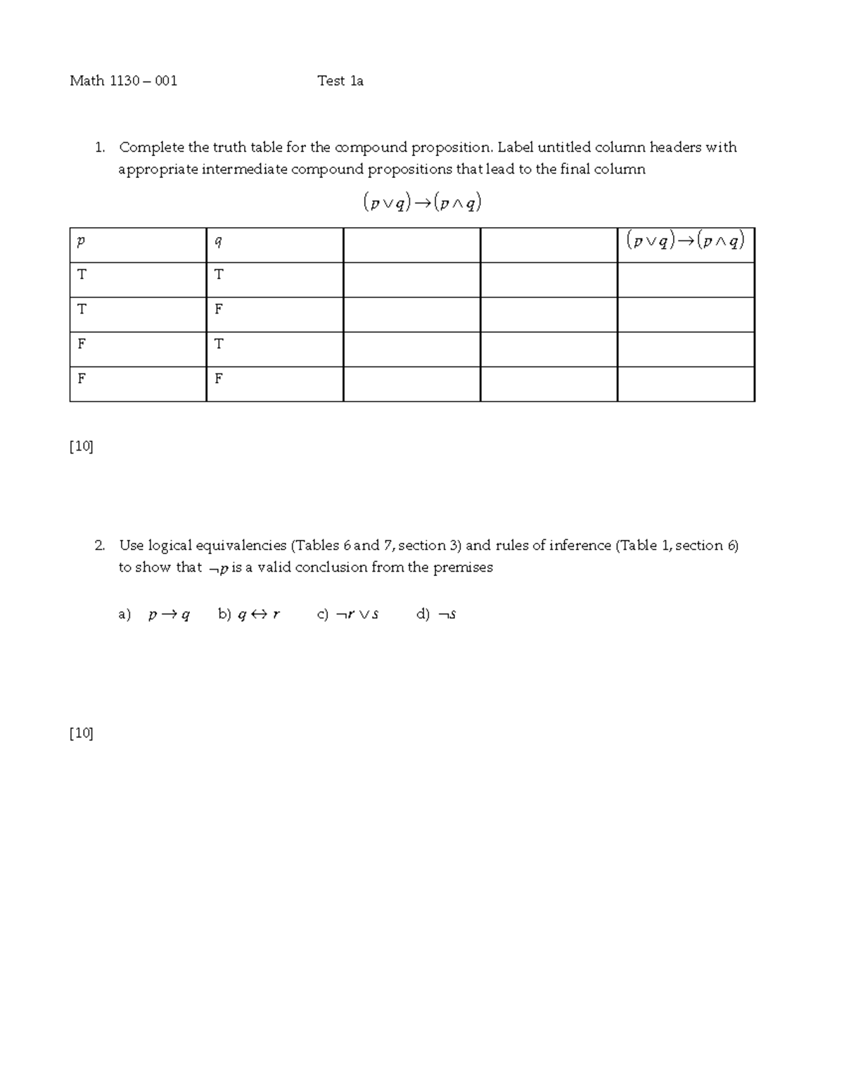 Math 1130 Practice Test1a - Math 1130 – 001 Test 1a 1. Complete the ...