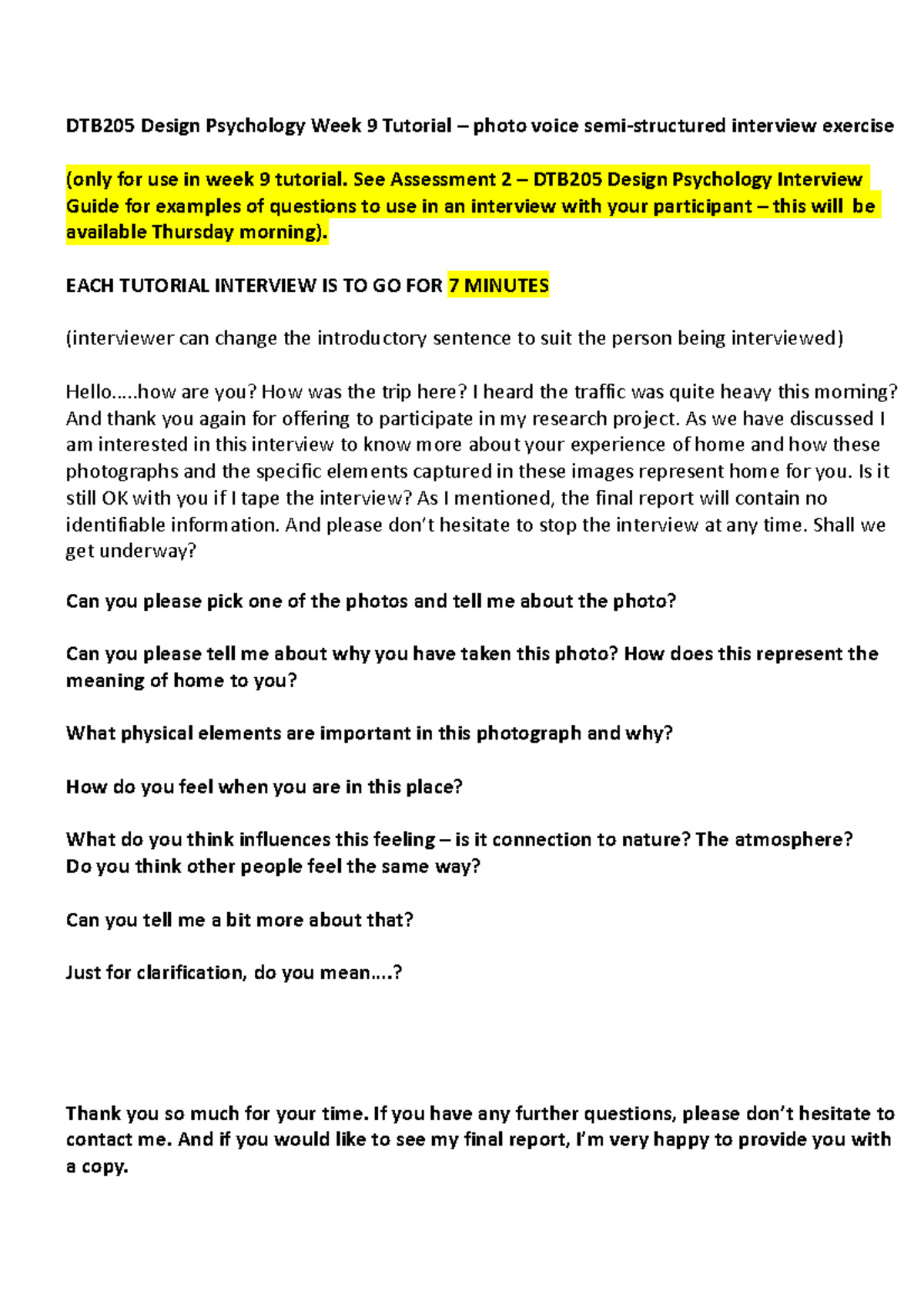 Week 9 Activity Interview Guide for tutorial only - DTB205 Design ...