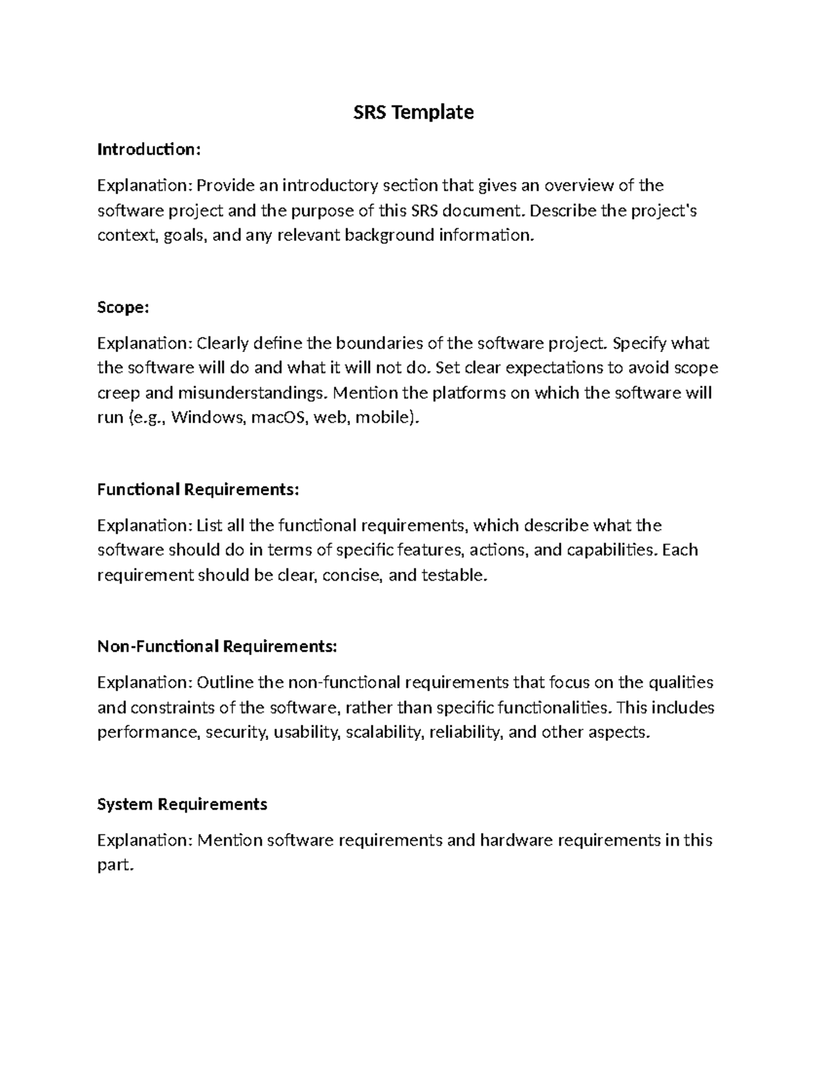 SRS Template - SDLC Notes - SRS Template Introduction: Explanation ...