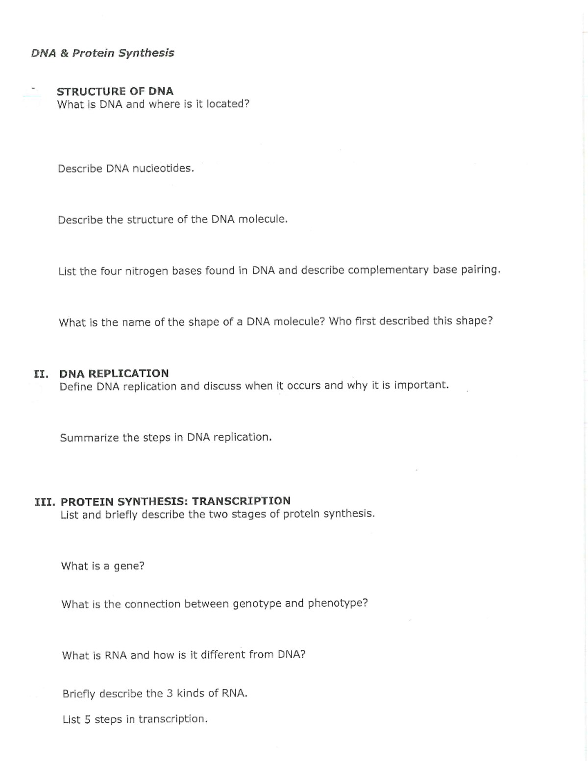 DNA and Protein Synthesis Note Sheet - Studocu