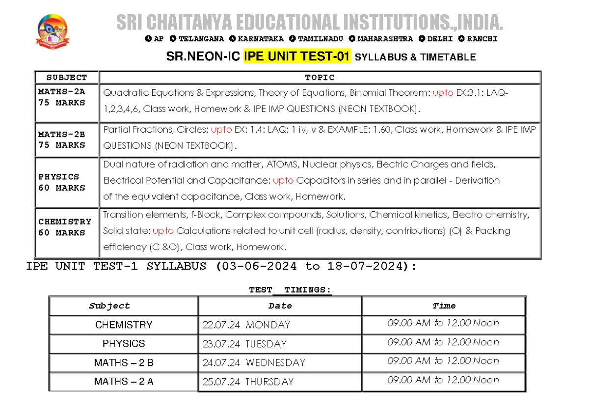 22-07-24 TO 25-07-24 SR.NEON (IC) IPE UT-1 TIME Table & Syllabus - ** SRI CHAITANYA EDUCATIONAL ...