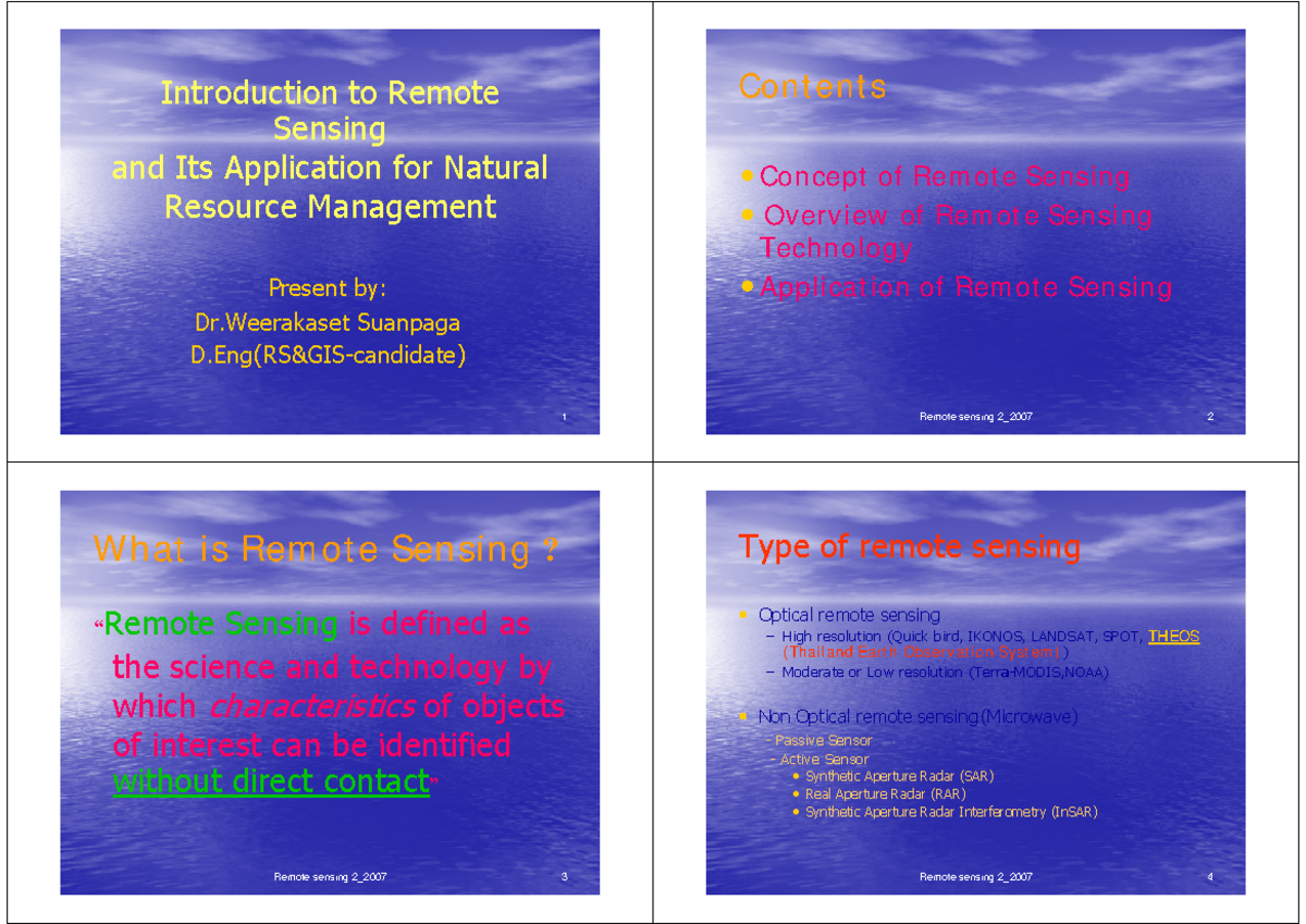 Spatial Modelling And Analysis I D I R I Ntroduction To Remote