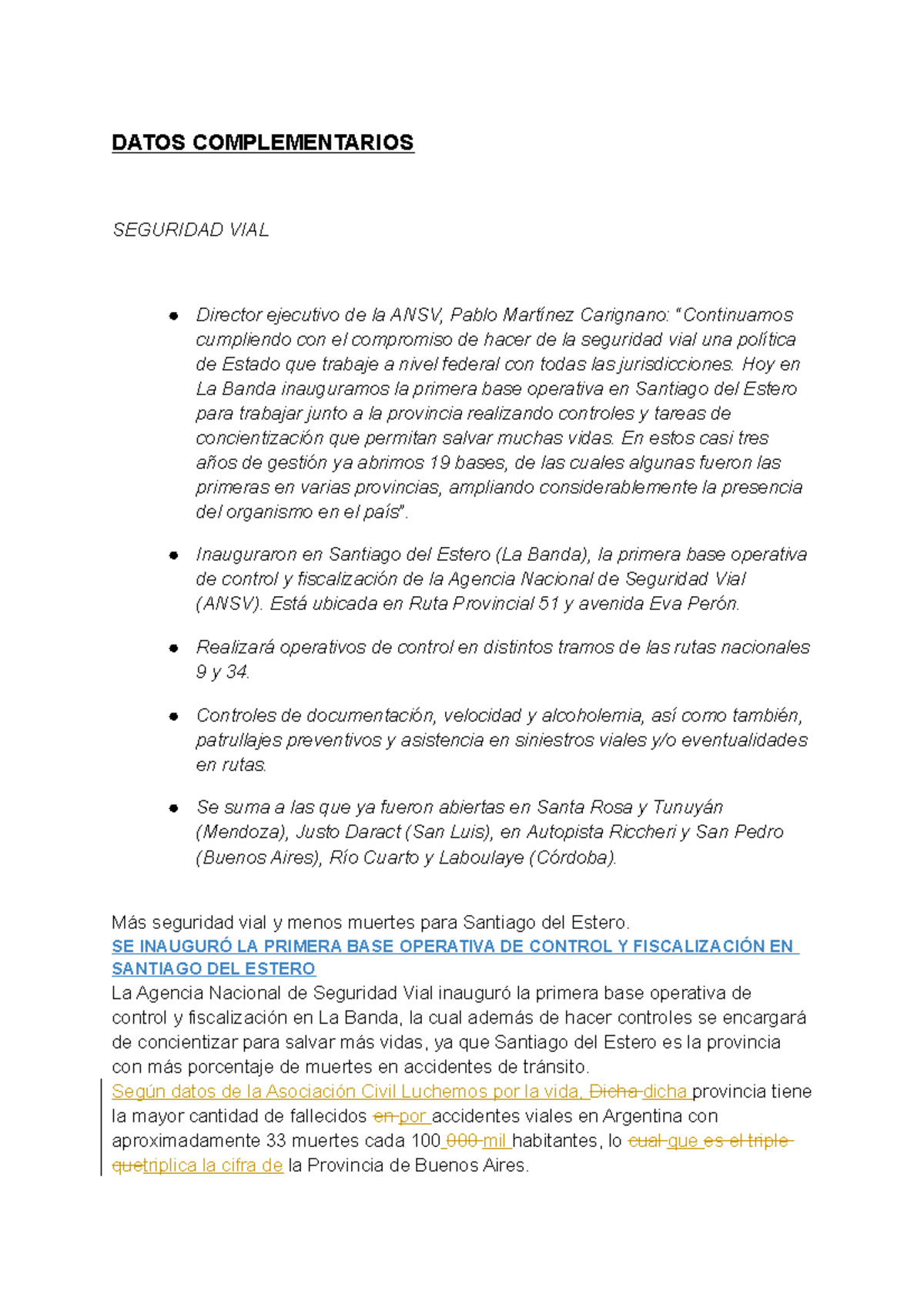 Ejercicio-23 05 1 1 - Texto - DATOS COMPLEMENTARIOS SEGURIDAD VIAL Director ejecutivo de la ANSV ...