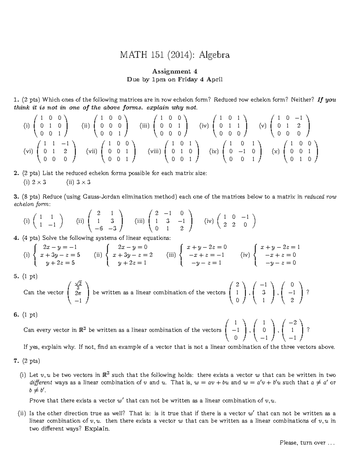 Tutorial Problems 4 - MATH 151 (2014): Algebra Assignment 4 Due by 1pm ...