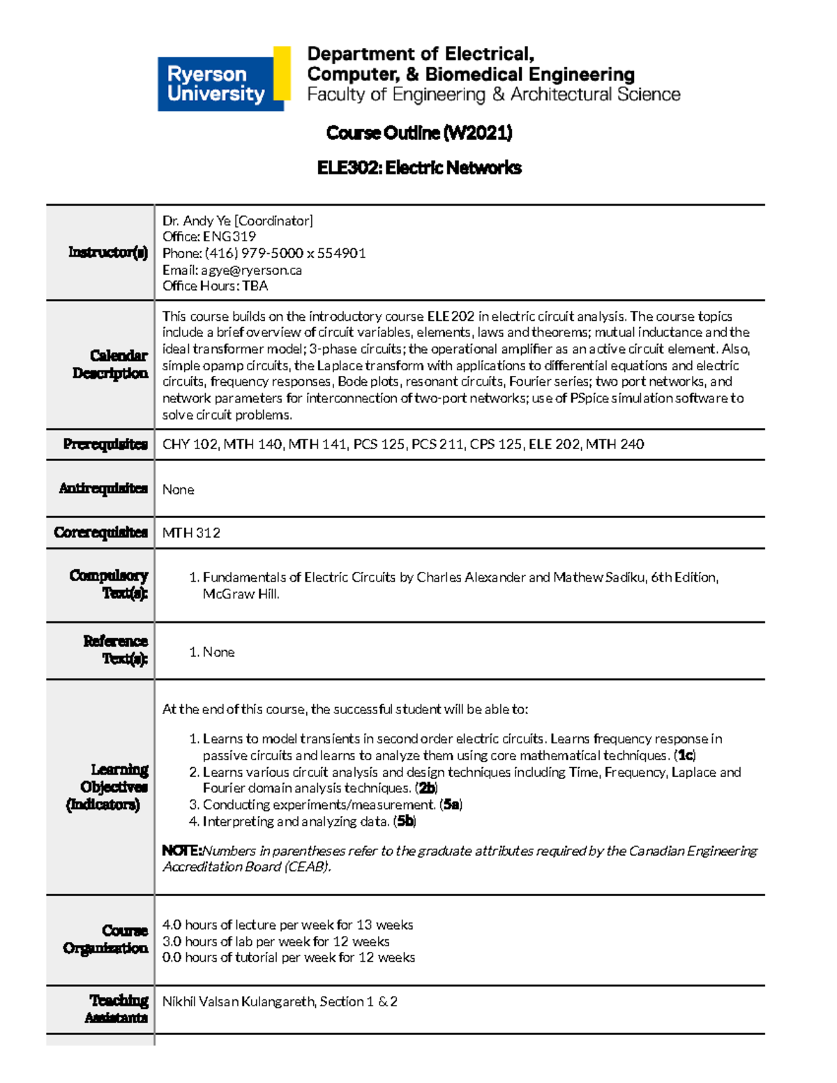 ELE302 course outline - Course Outline (W2021) ELE302: Electric ...