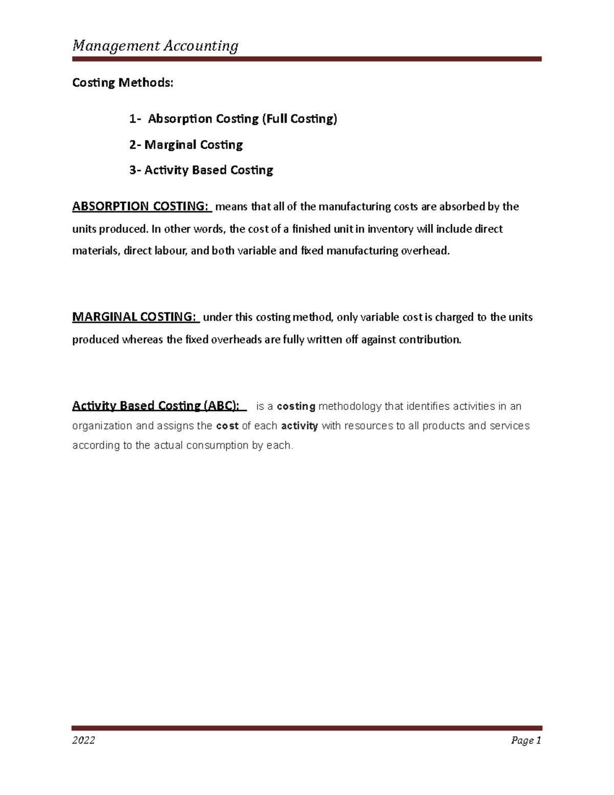 Absorption Marginal and Activity Based Costing - Costing Methods: 1 ...
