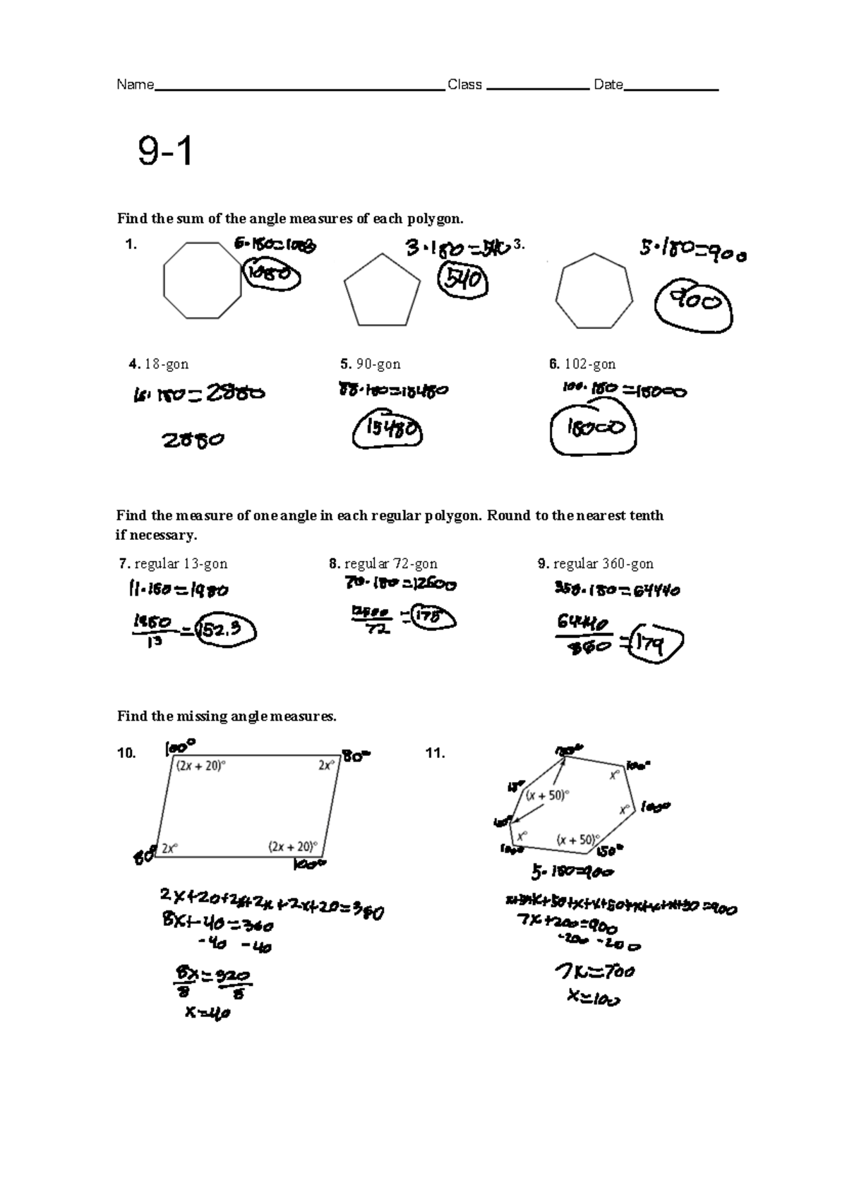 9-1+HW - work - Name Class Date 9 - 1 1. 2. 3. 4. 18 - gon 5. 90 - gon ...