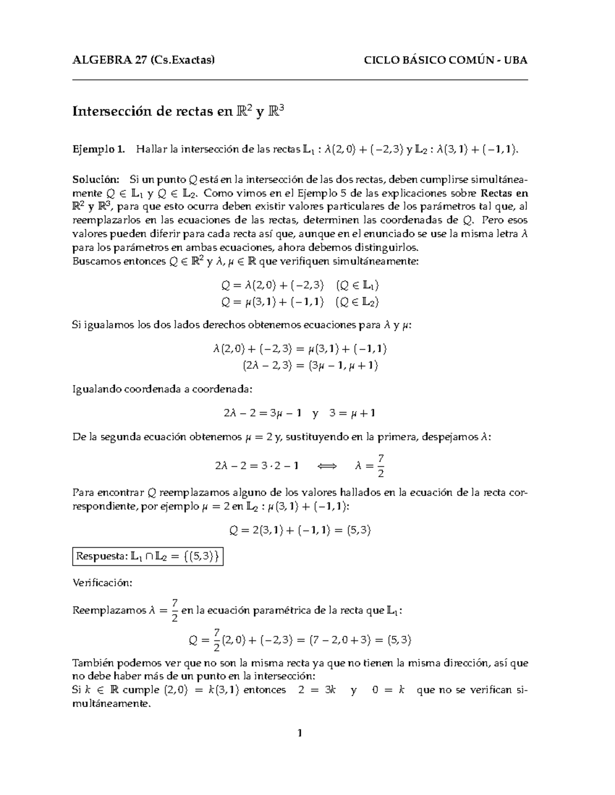 Rectas compressed - Algebra - ALGEBRA 27 (Cs) CICLO B ́ASICO COM ́UN - UBA Intersecci ́on de ...