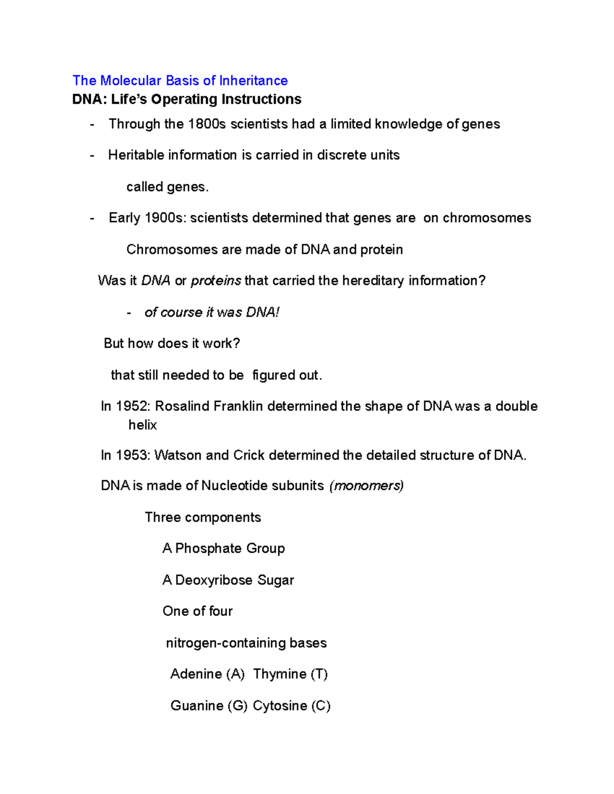 DNA - DNA structure notes - The Molecular Basis of Inheritance DNA ...