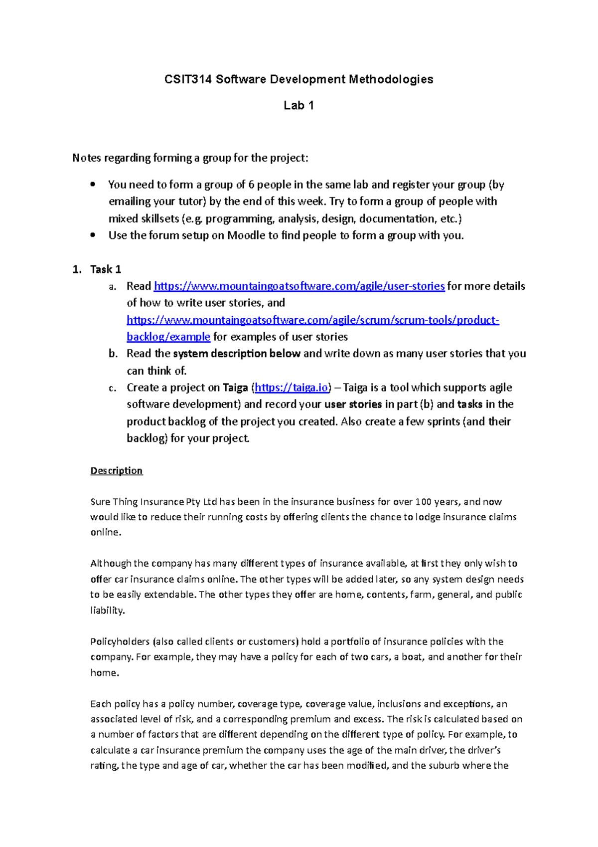 Labs - Lecture notes 1-7 - CSIT314 Software Development Methodologies ...
